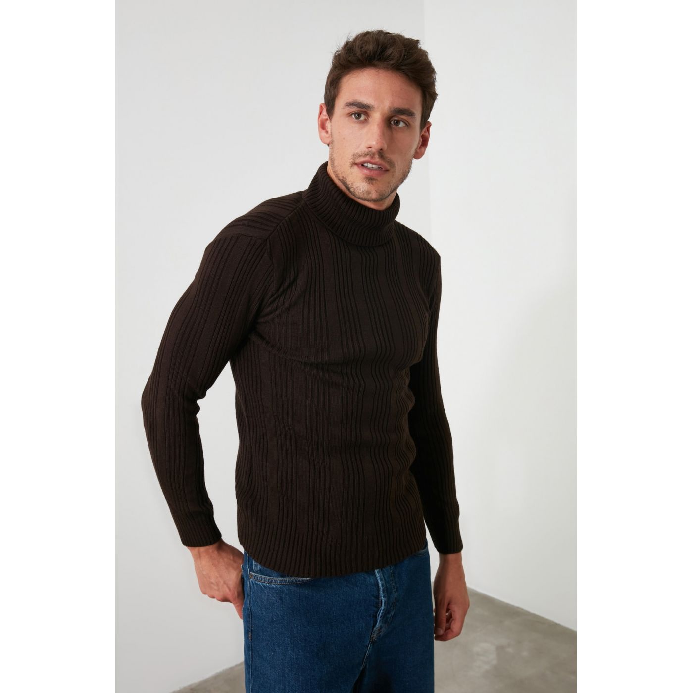 Trendyol Brown Male Turtleneck Textured Knitwear Sweater