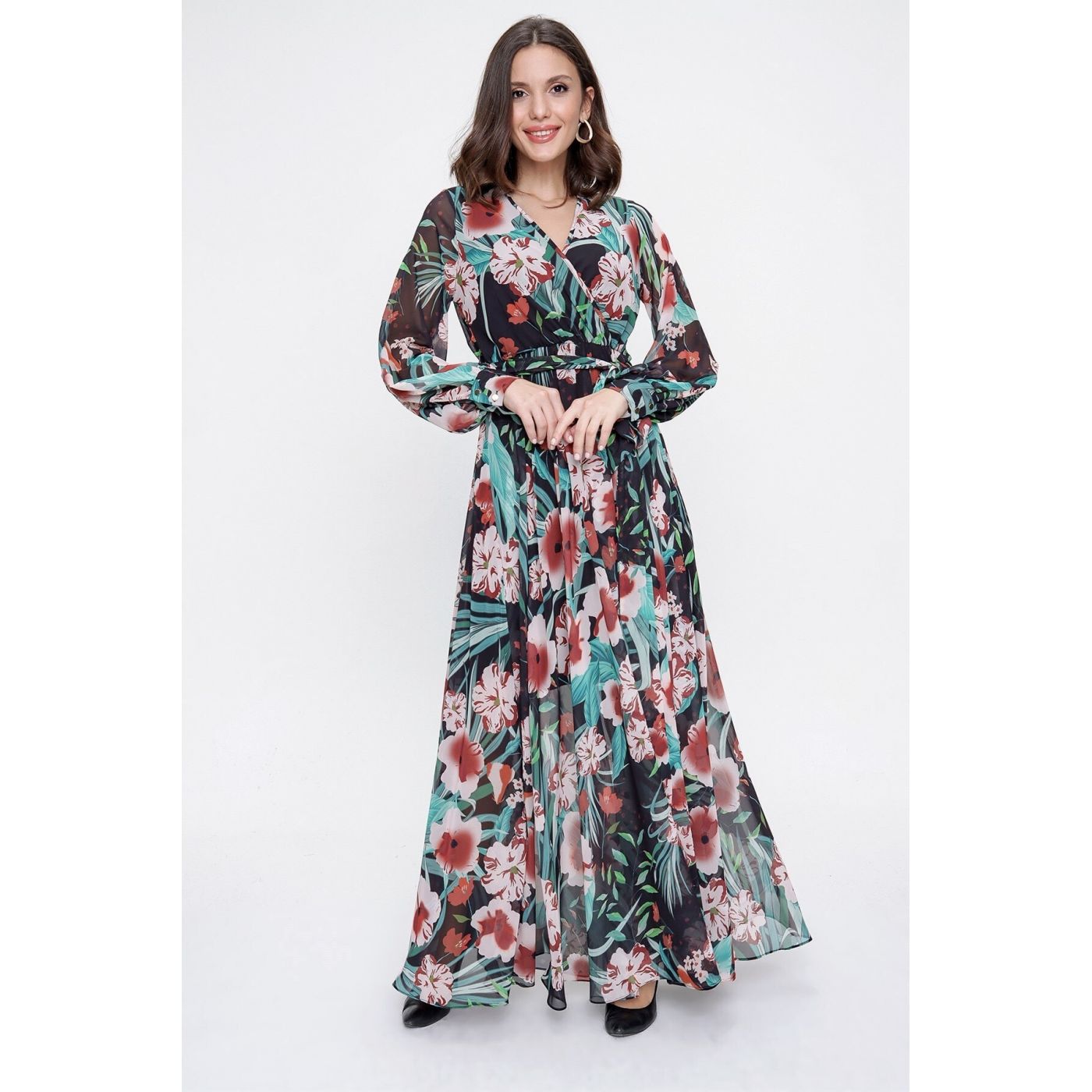 By Saygı Double Breasted Neck Long Sleeve Lined Floral Pattern Chiffon