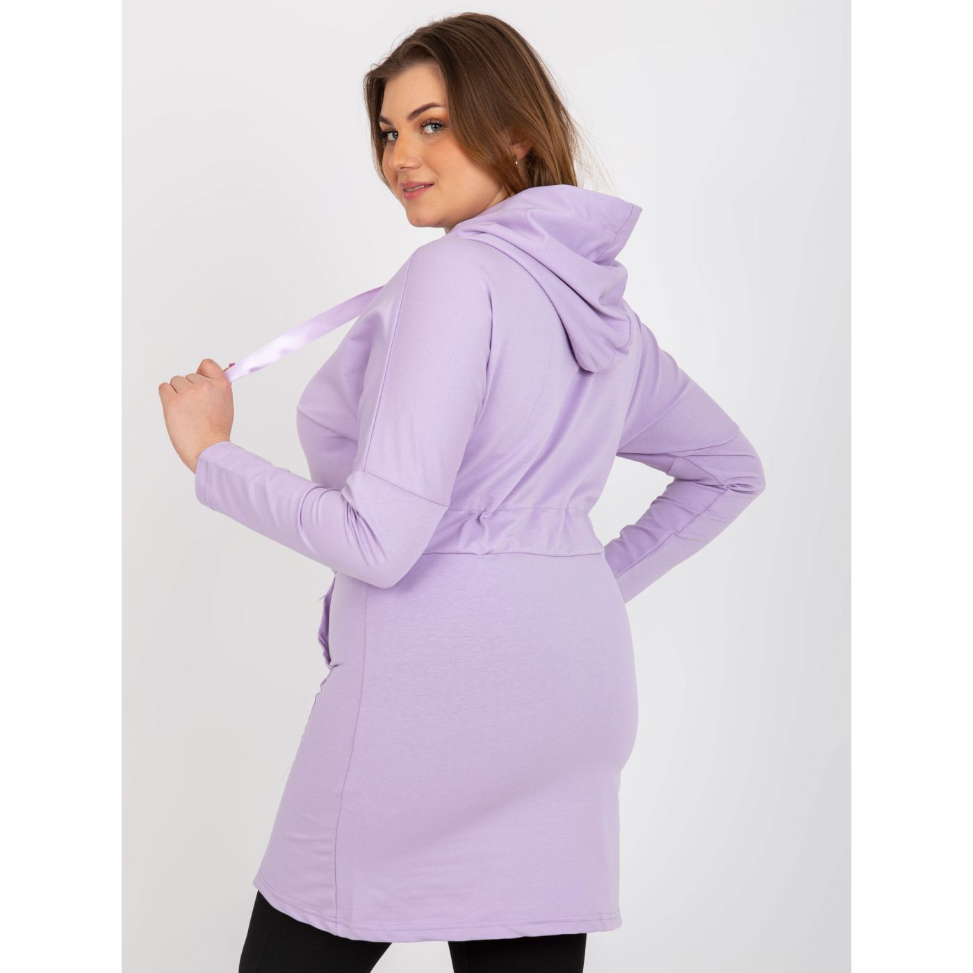 Světle fialová mikina větší velikosti na zip s lemem