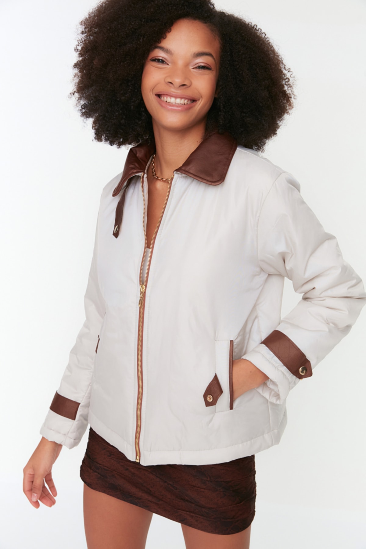 Trendyol Stone Oversize Faux Leather Detailed Inflatable Coat