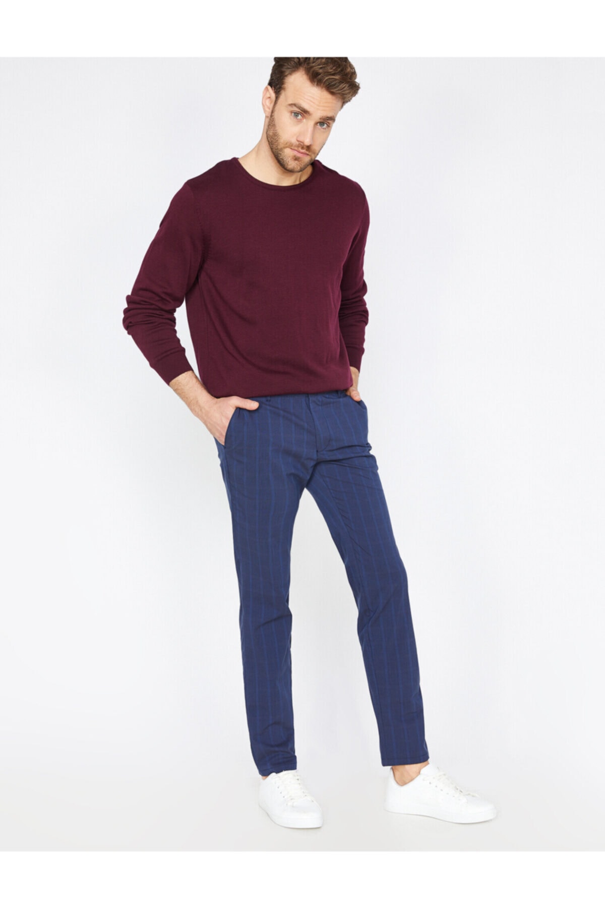 Koton Men's Navy Blue Normal Waist Striped Pants with Pocket Detail