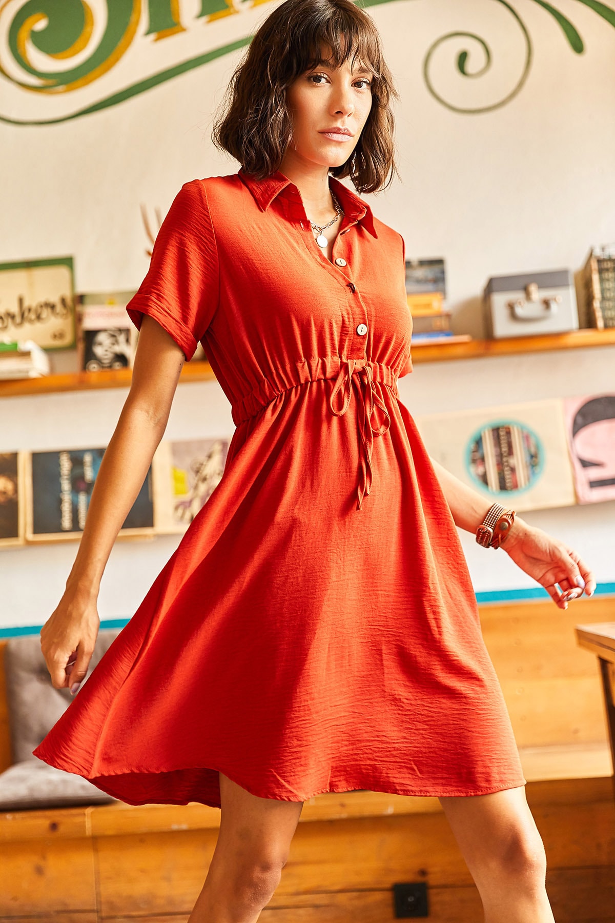 Olalook Women's Tile Shirt Collar 4 Buttons Lace-Up Mini Woven Dress