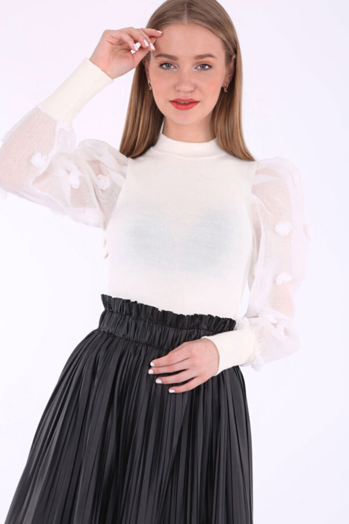 Bigdart 4107 Floral Chiffon Balloon Sleeve Lycra Sweater - Ecru