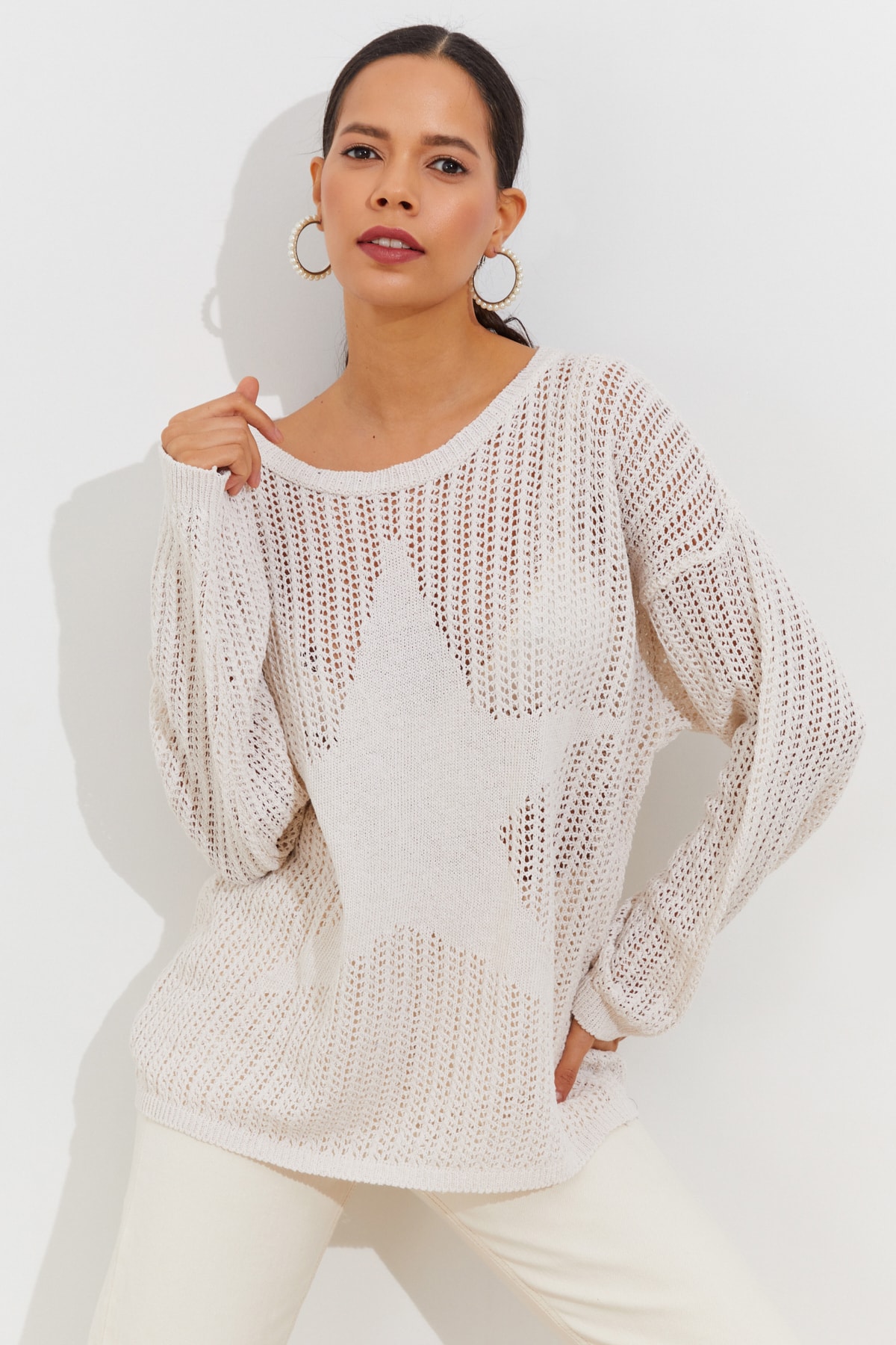 Cool & Sexy Women's Ecru Openwork Knitwear Blouse YV119