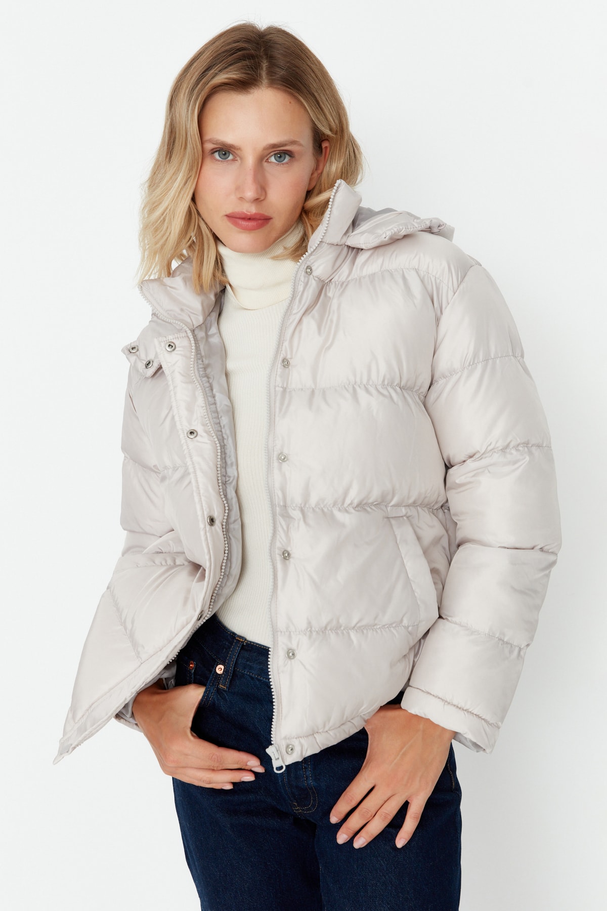 Trendyol Stone Oversize Hooded Inflatable Coat