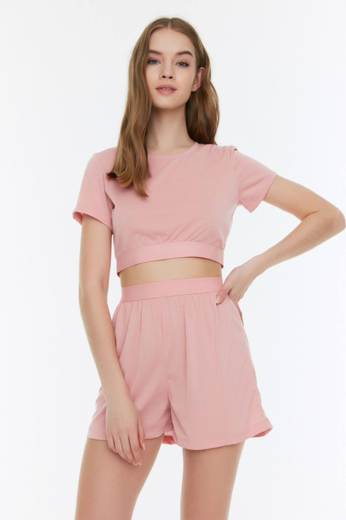 Trendyol Powder Elastic Detailed Crop Knitted Pajamas Set