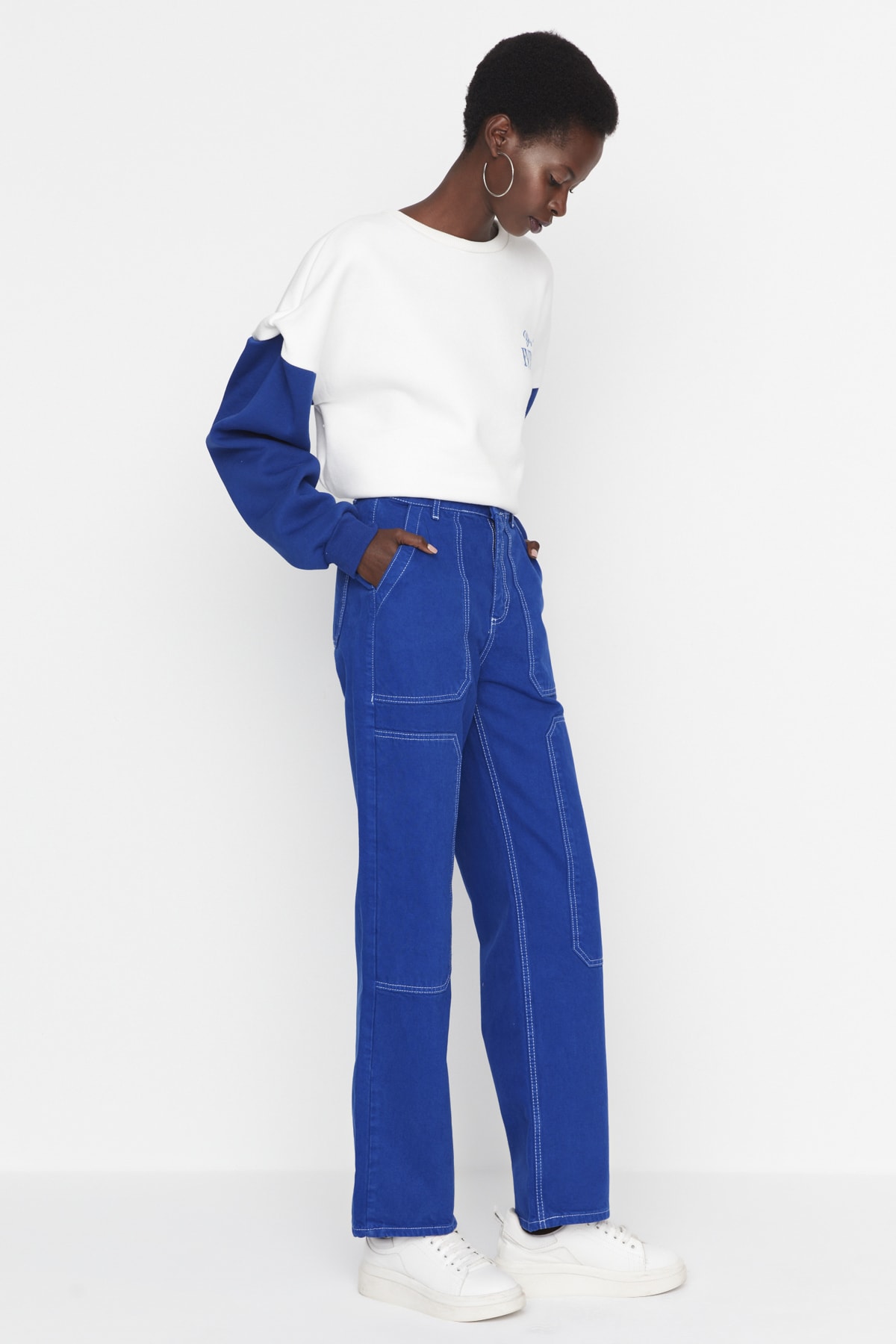 Trendyol Blue Stitching Detail High Waist 90's Wide Leg Jeans