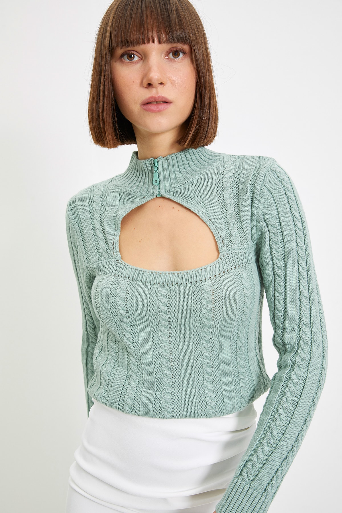 Trendyol Mint Zipper Detail Stand Up Collar Knitwear Sweater