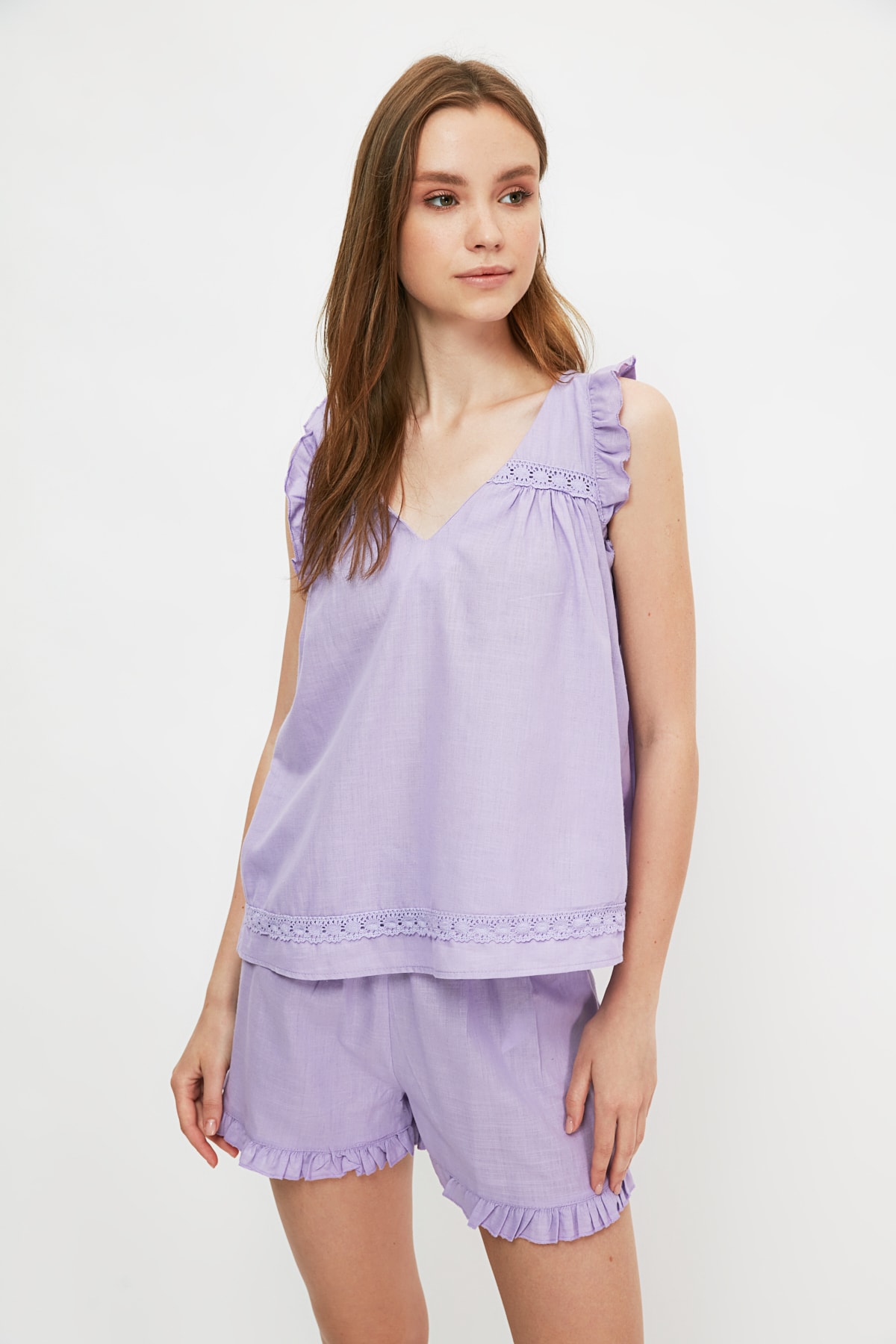 Trendyol Lilac Frilly Woven Pajamas Set