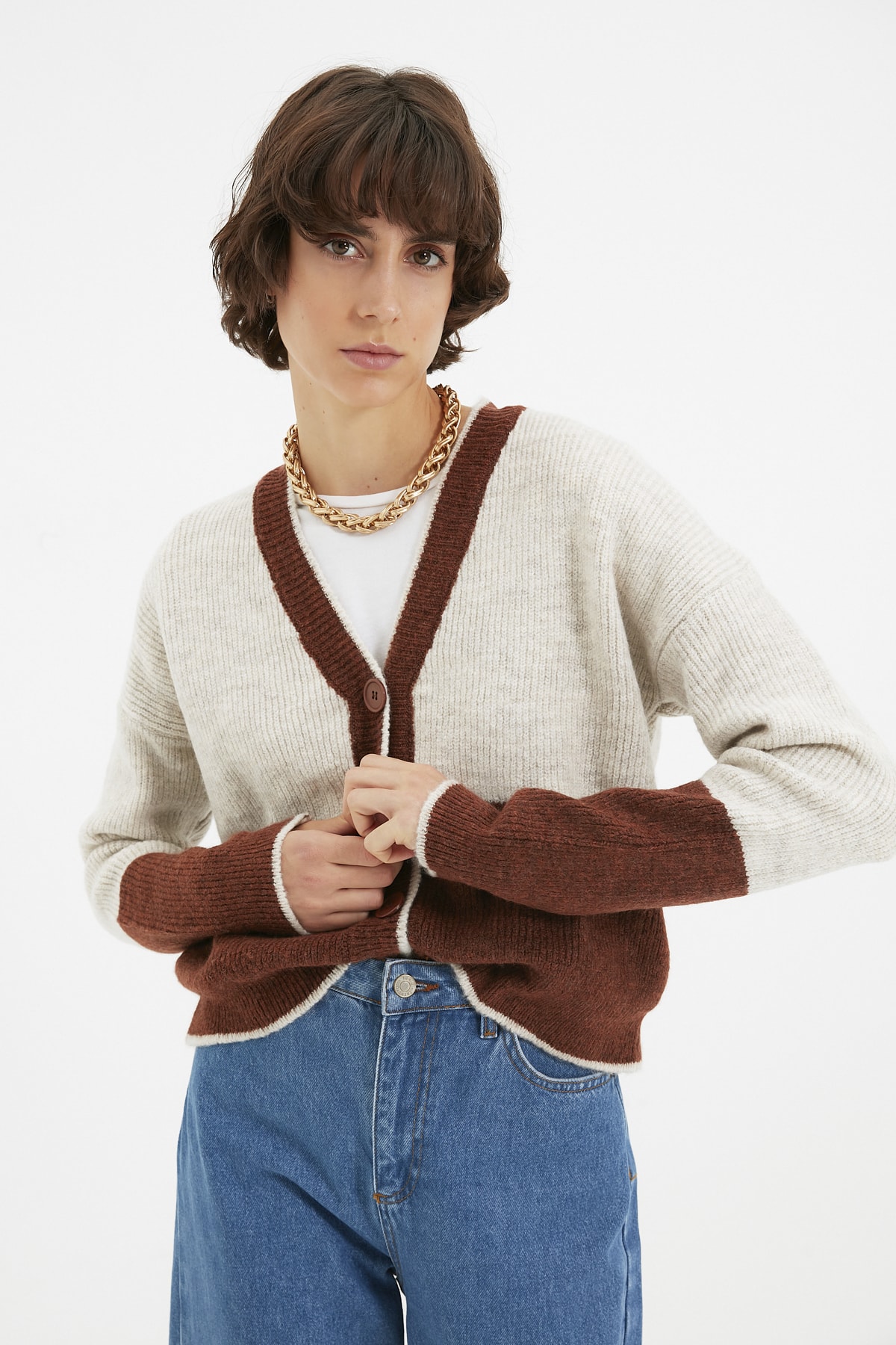 Trendyol Brown Color Block Tricotaje Cardigan