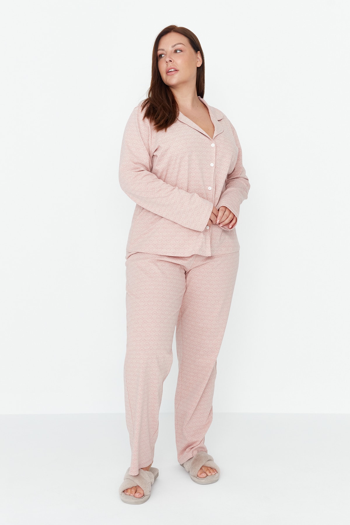 Trendyol Curve Powder Printed Knitted Pajamas Set