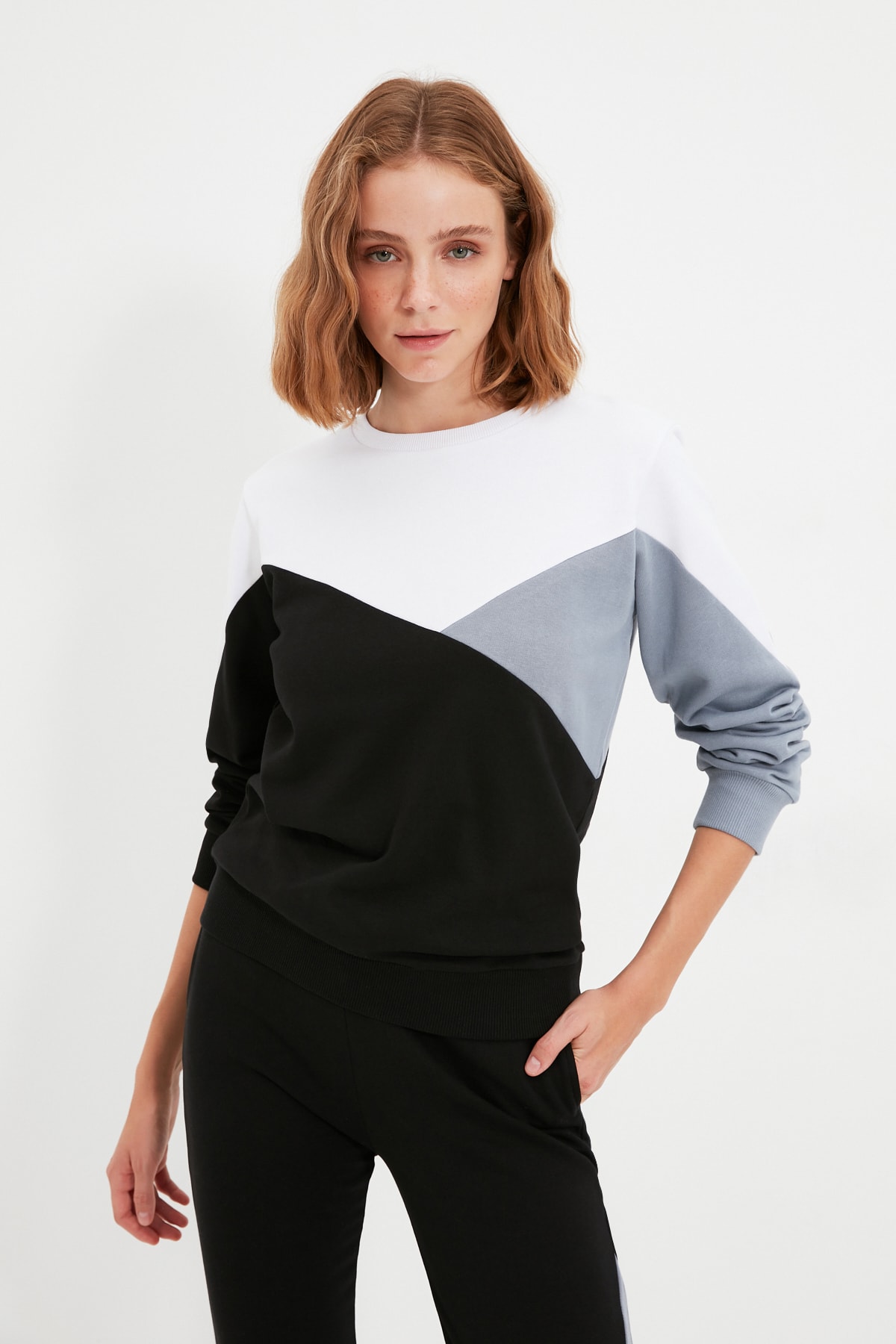 Trendyol Negru 100% Organic Bumbac Color Block de bază tricotate tricou subțire