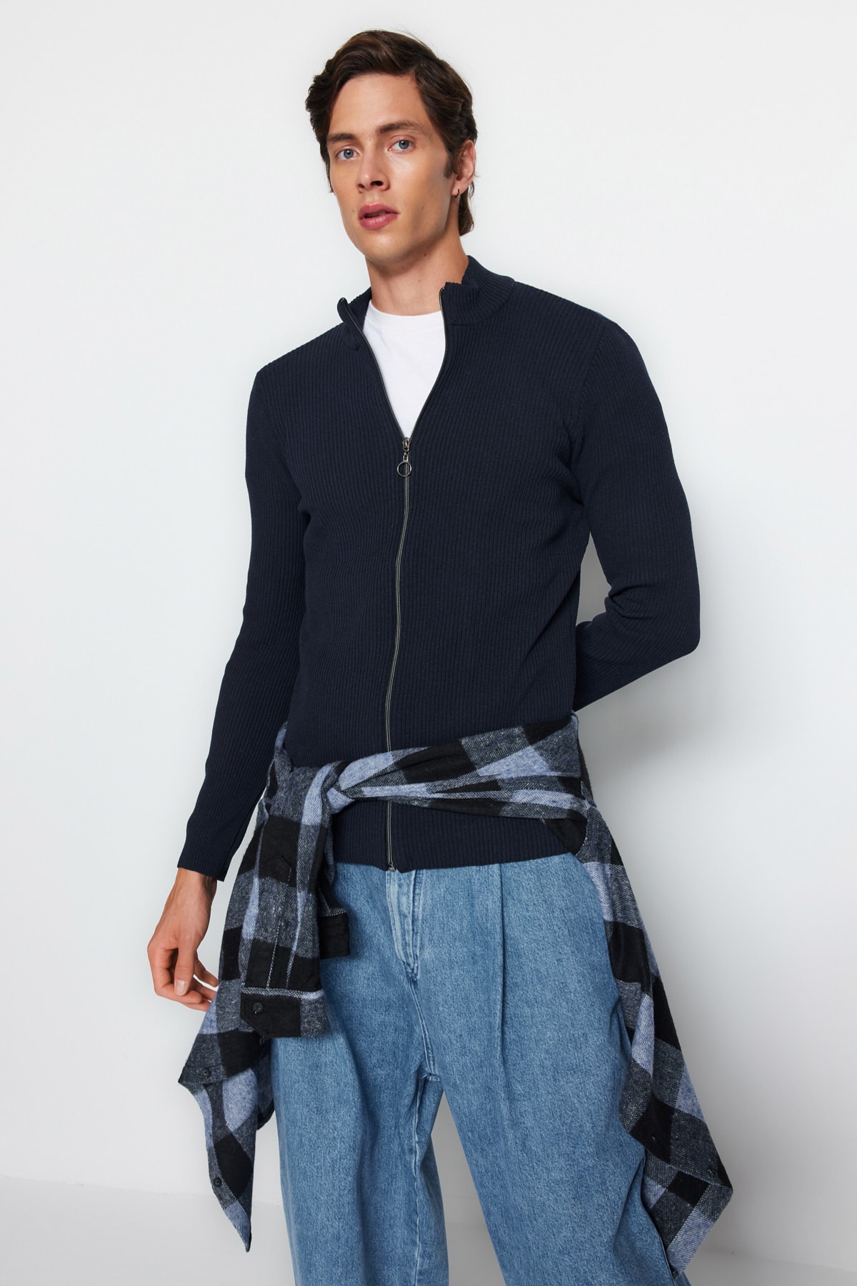 Trendyol Navy Blue Men's Fitted Tight Fitted Cardigan with Zipper Front ...