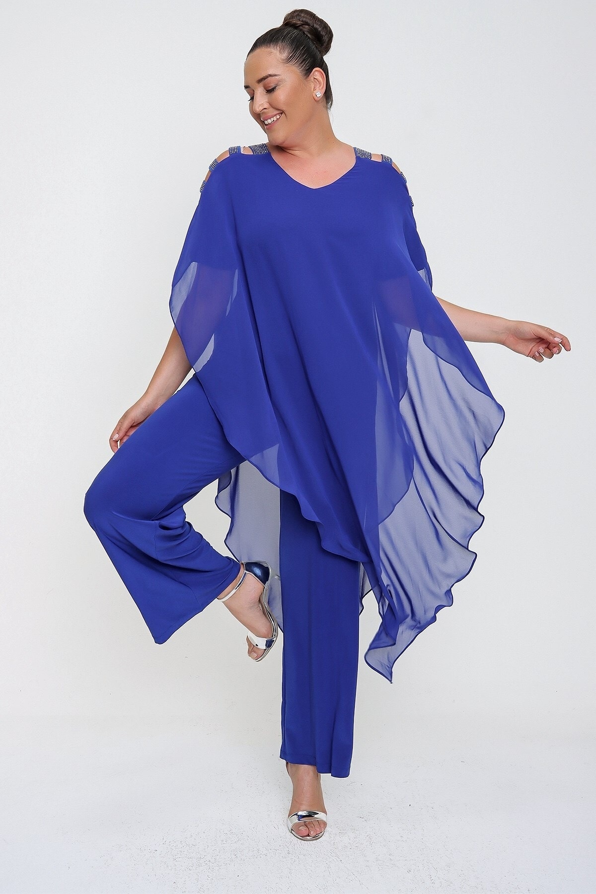 By Saygı Chiffon Plus Size Sandy Jumpsuit with Striped Sleeves Saks