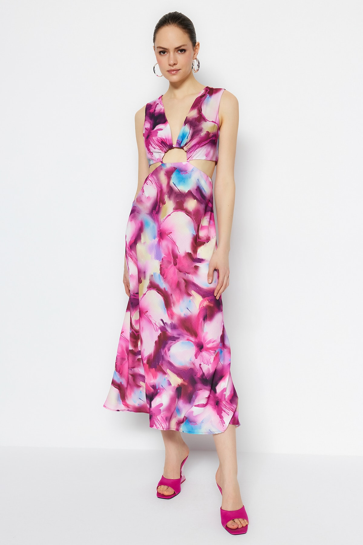 Trendyol Design Pink A-Line Midi țesute tie-dye model rochie țesută