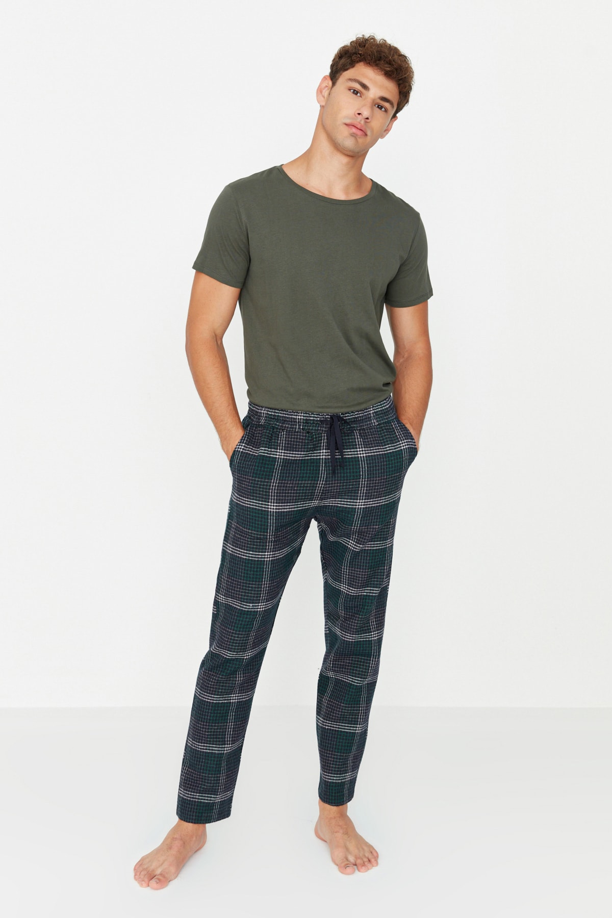 Trendyol Men's Navy Blue Green Plaid Regular Fit Mid-Heavy Woven Pajama ...