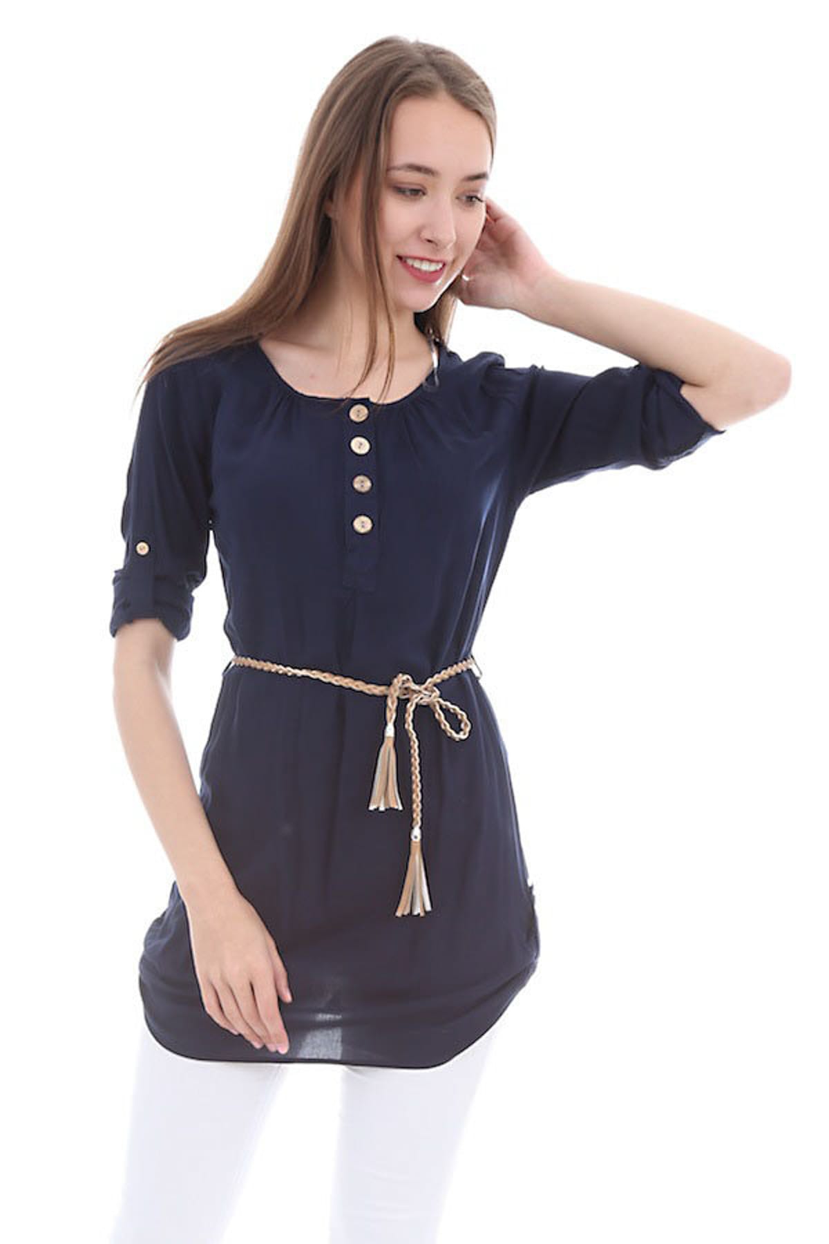 Bigdart Women's Navy Blue Tunic with Buttons and a Belt
