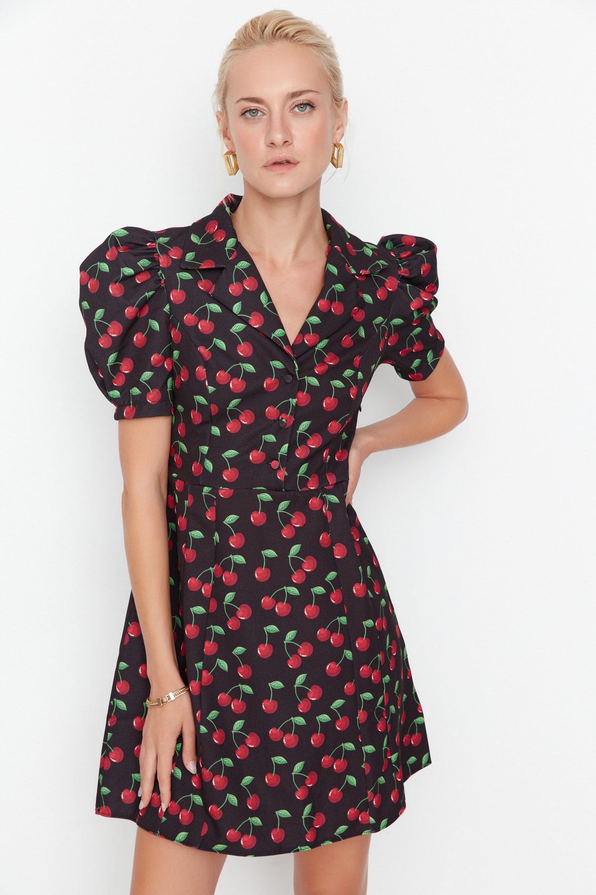 Trendyol Red Patterned Dress with Balloon Sleeves