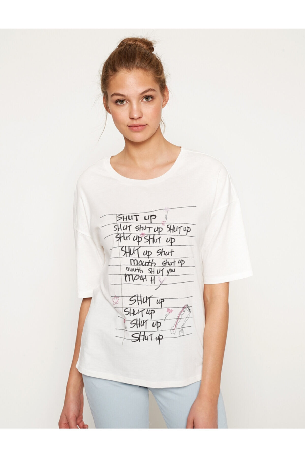 Koton Women's White Text Printed T-shirt