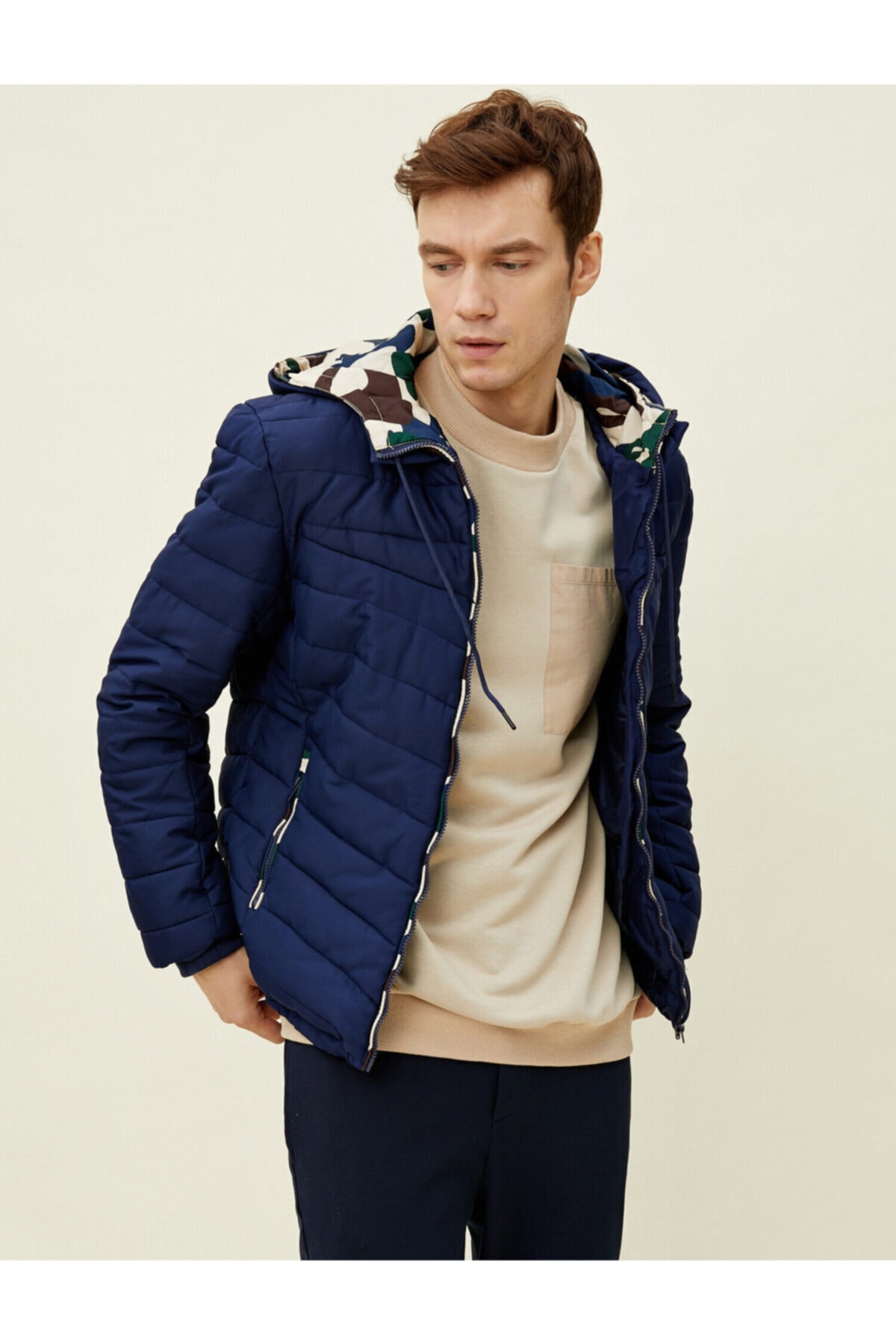 Koton Men's Navy Blue Hooded Coat with Zipper and Pocket.