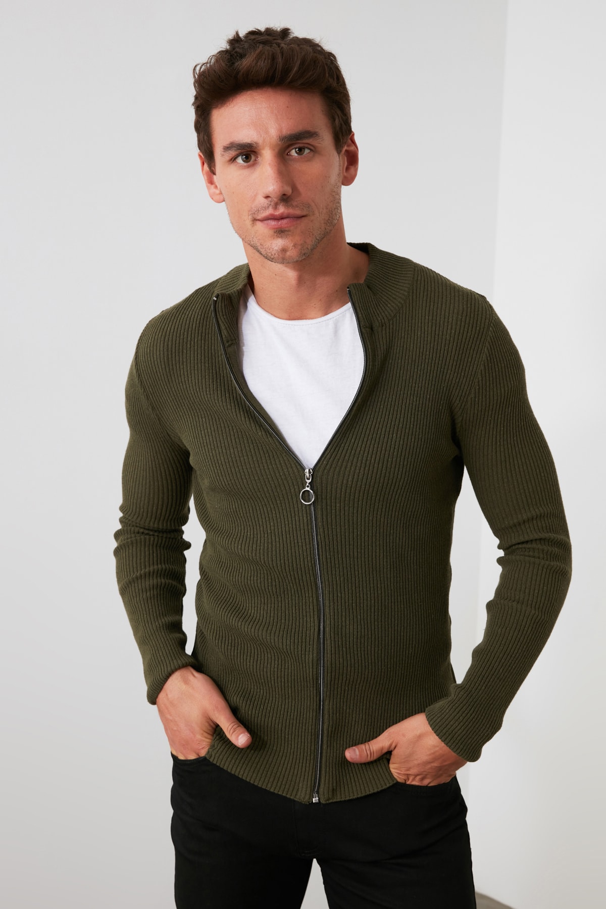 Cardigan barbati Trendyol Zip detailed