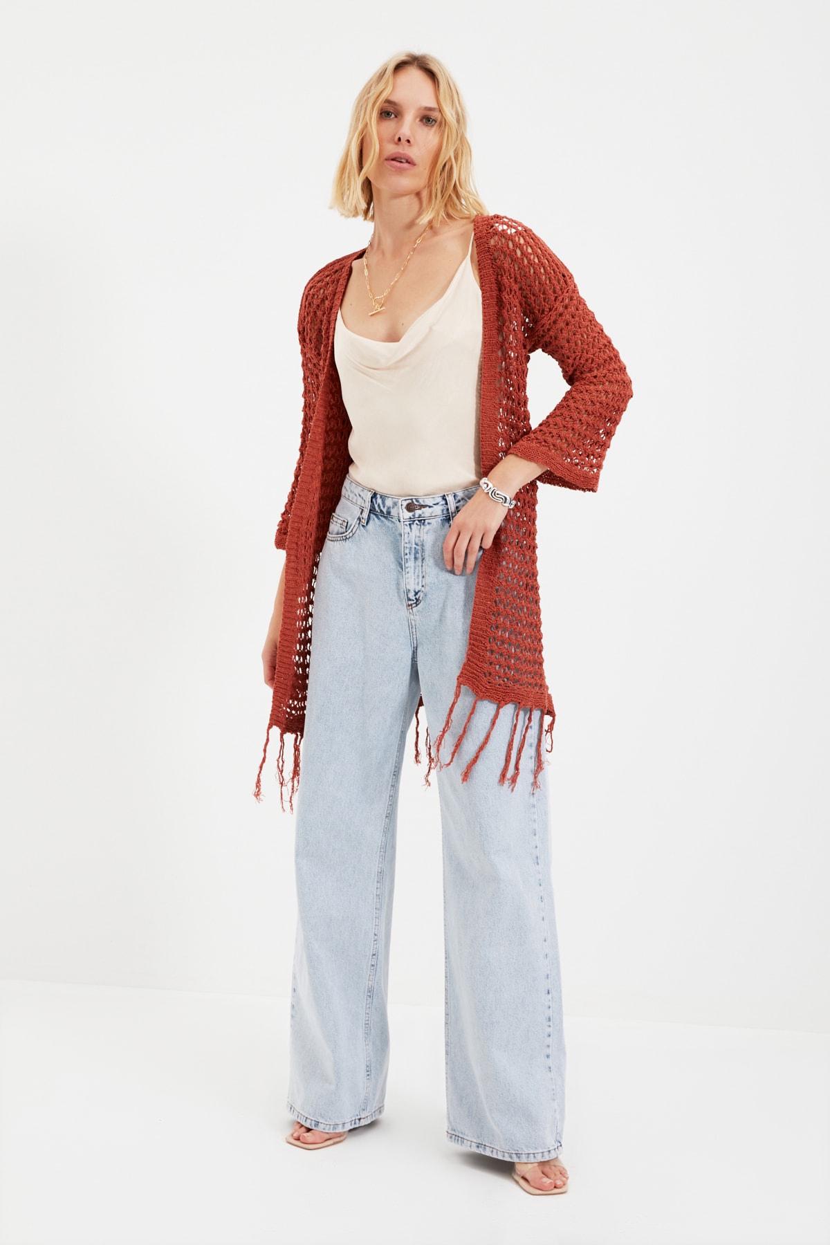 Trendyol Tile Long Openwork ciucure tricotaje Cardigan