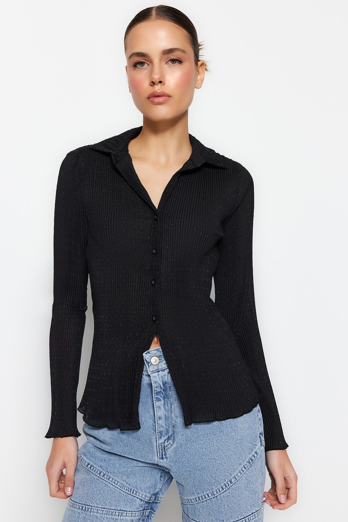 Trendyol Black Pleated Pompom Chiffon Fitted Woven Shirt
