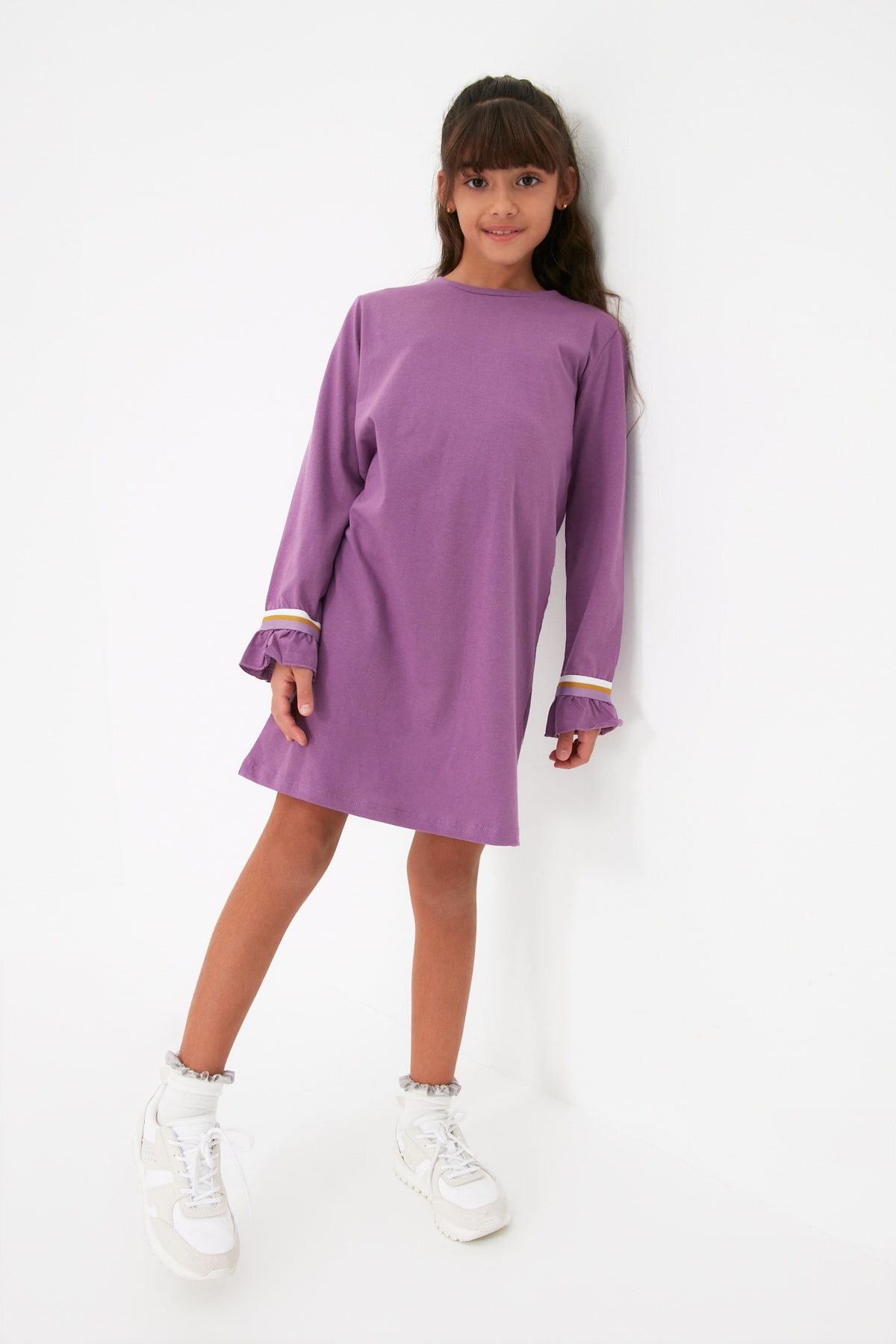 Trendyol Girl's tricotate Rochie cu Ruffle detaliate dungi Purple Mâneci
