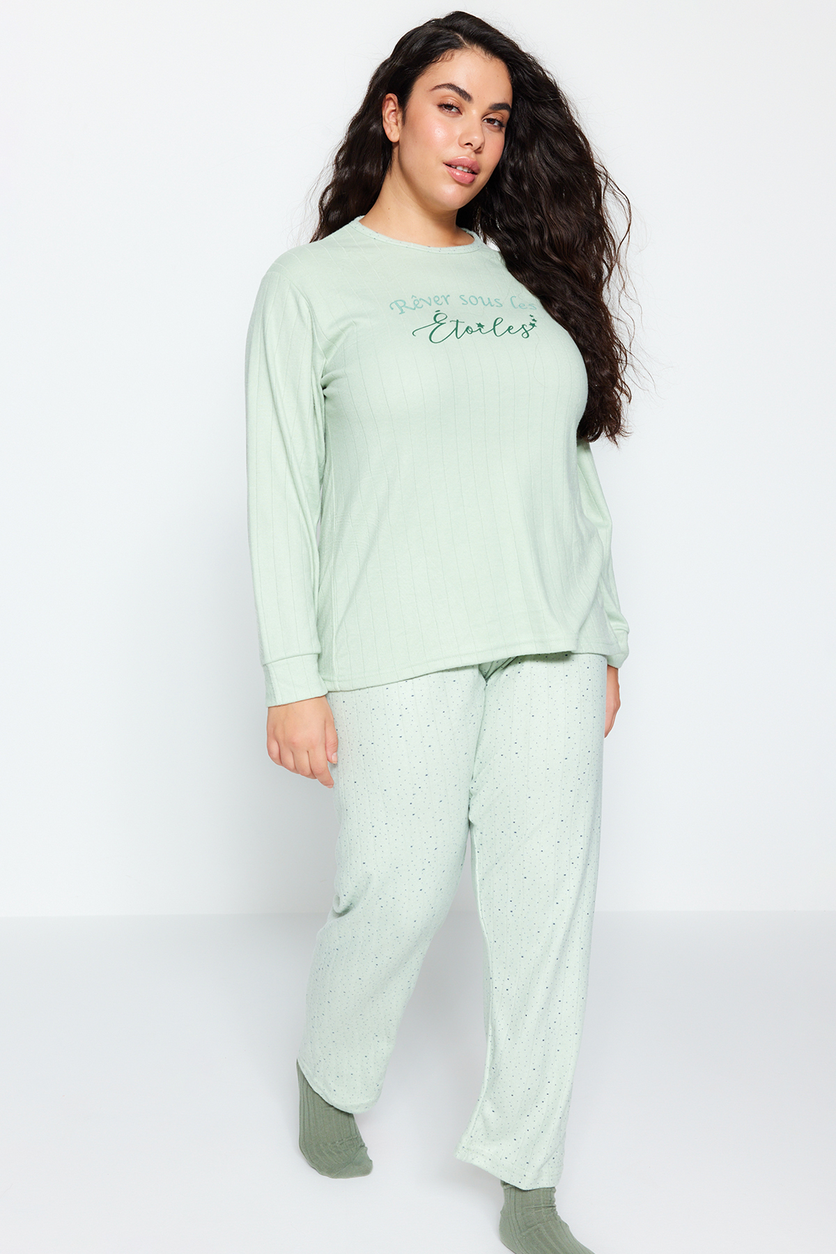 Trendyol Curve Mint Crew Neck Knitted Pajamas Set