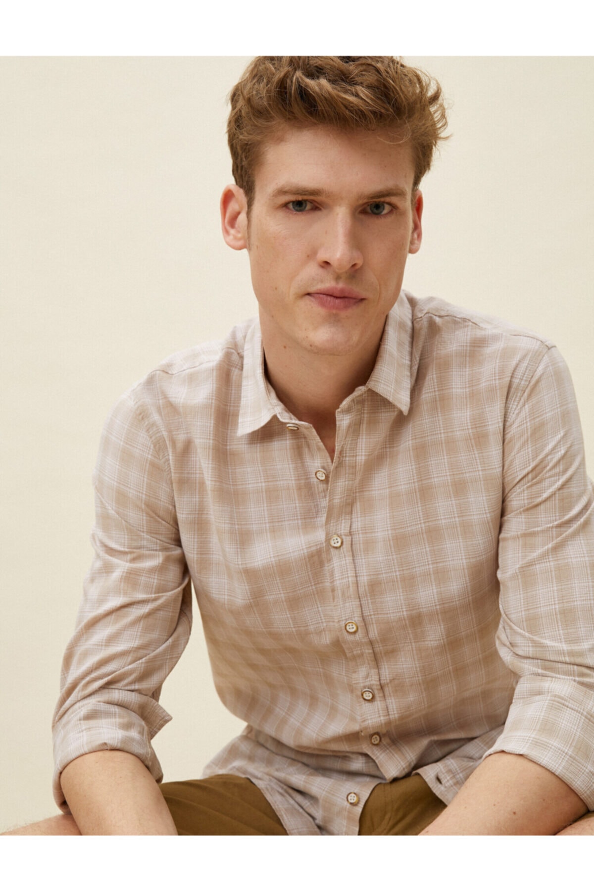 Koton Men's Ecru Cotton Classic Collar Long Sleeve Shirt