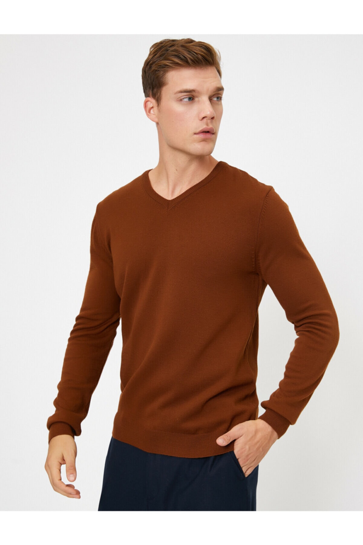 Koton Men's Brown V-Neck Sweater