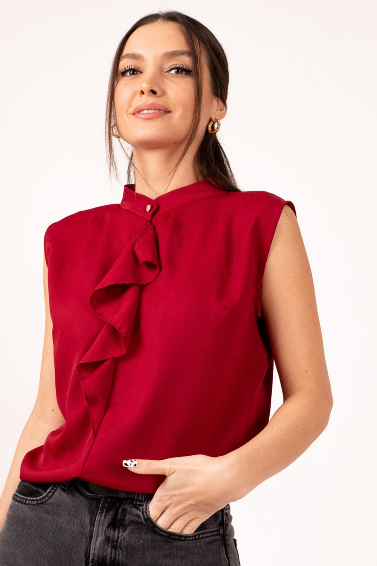 armonika Women's Claret Red Ruffle Front Tank Top