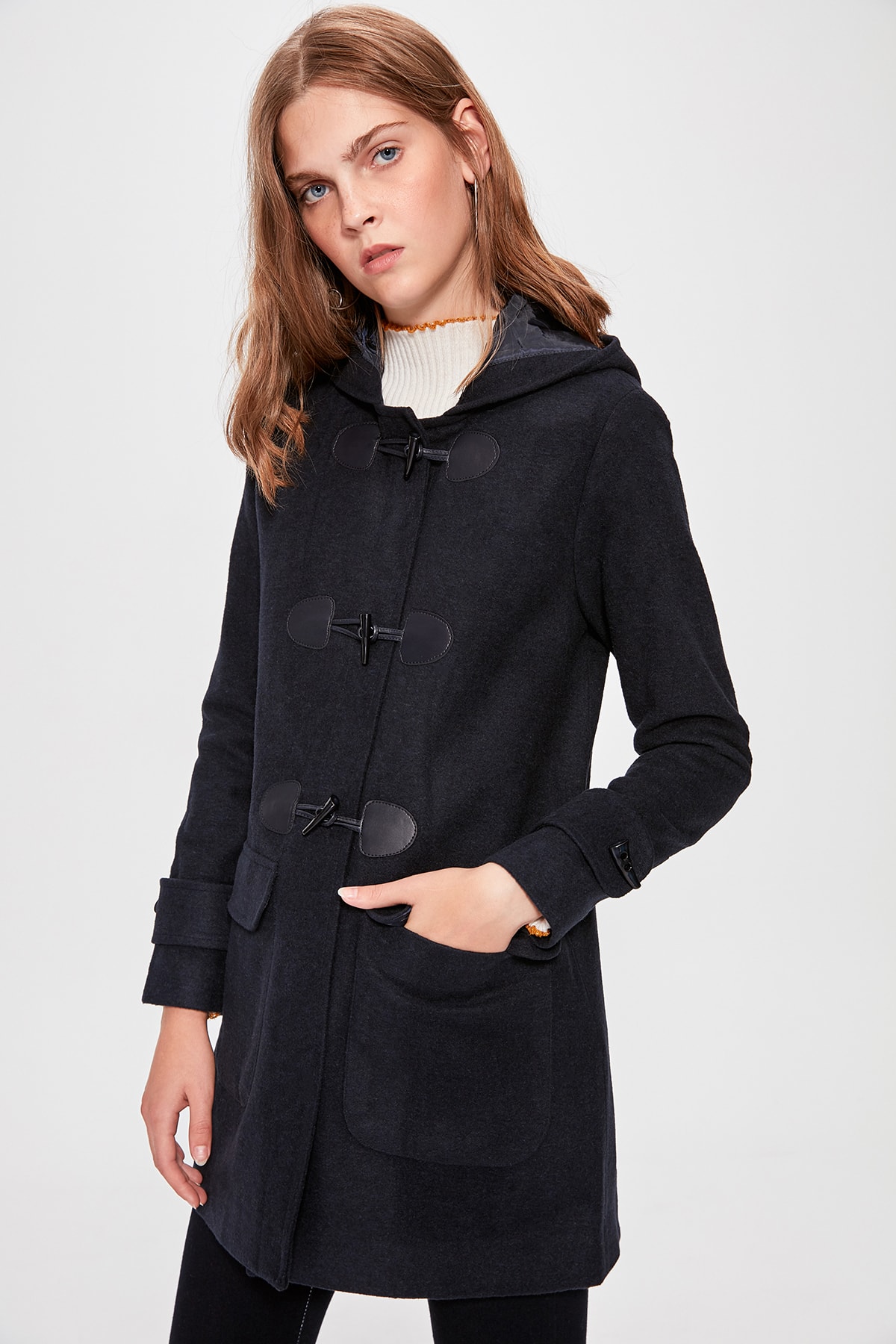 Trendyol Dark Blue Shepherd Button Hood Detailed Cashmere Coat