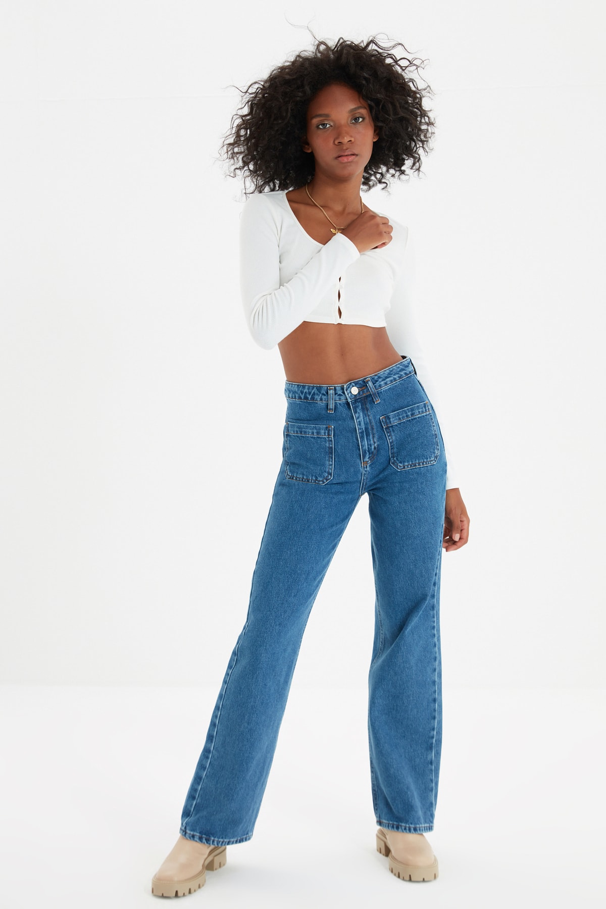 Trendyol Blue Pocket detaliate high waist 90's Wide Leg Jeans