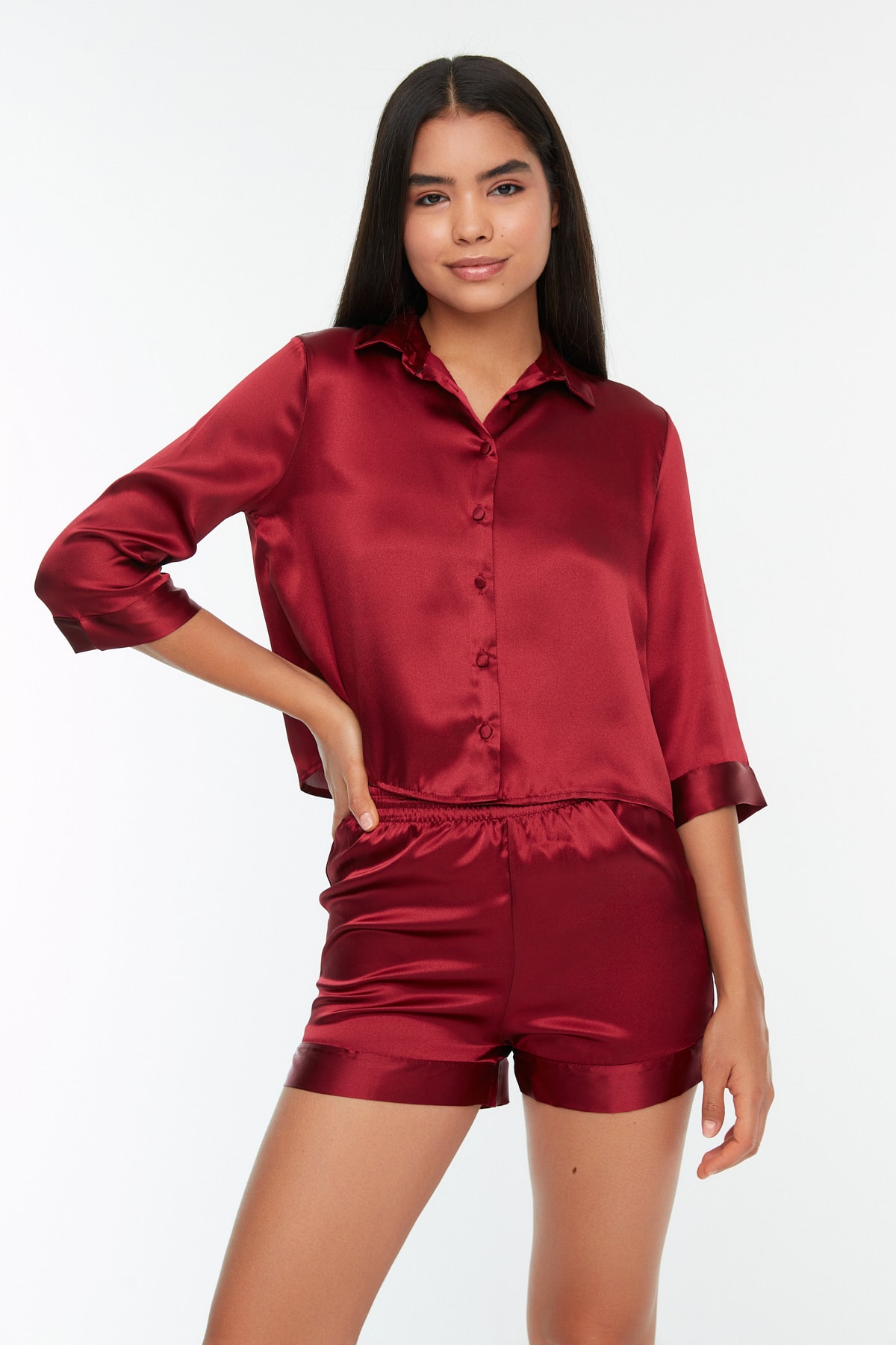 Trendyol Claret Red Satin Pajamas Set