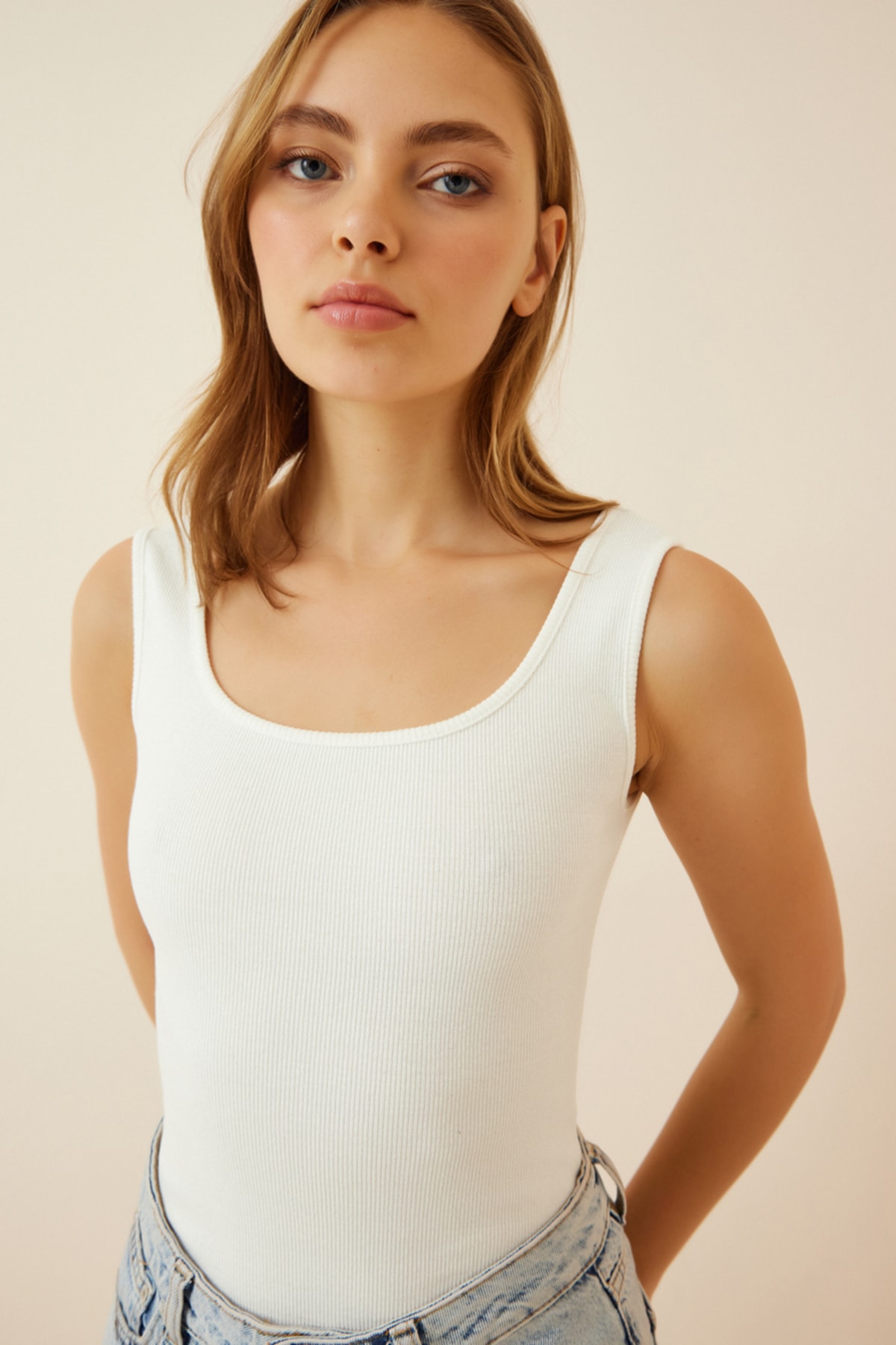 Happiness İstanbul Women's White Thick Straps Ribbed Body Blouse with ...