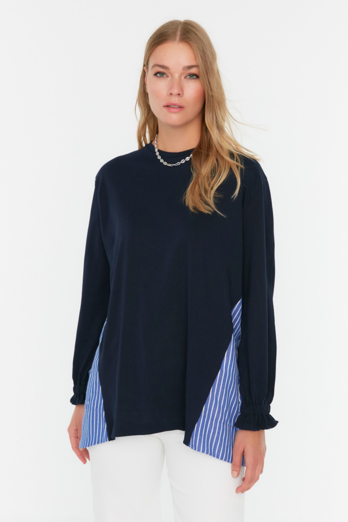 Trendyol Dark Navy Blue 100% Cotton Color Block Back Button Detailed ...