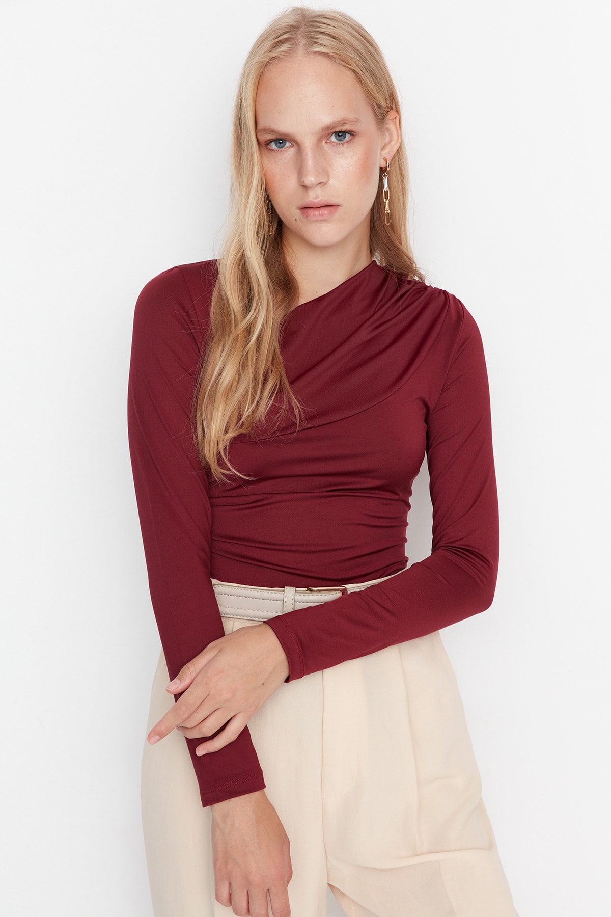 Trendyol Claret Red Asymmetrical Collar Knitted Body With Snap Button