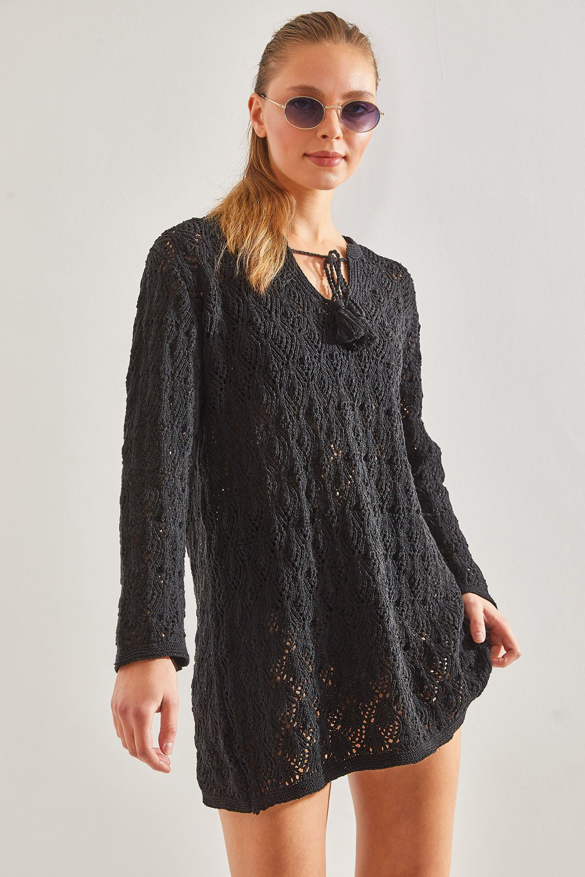 Bianco Lucci Women's Openwork Collar Tied Knitwear Tunic