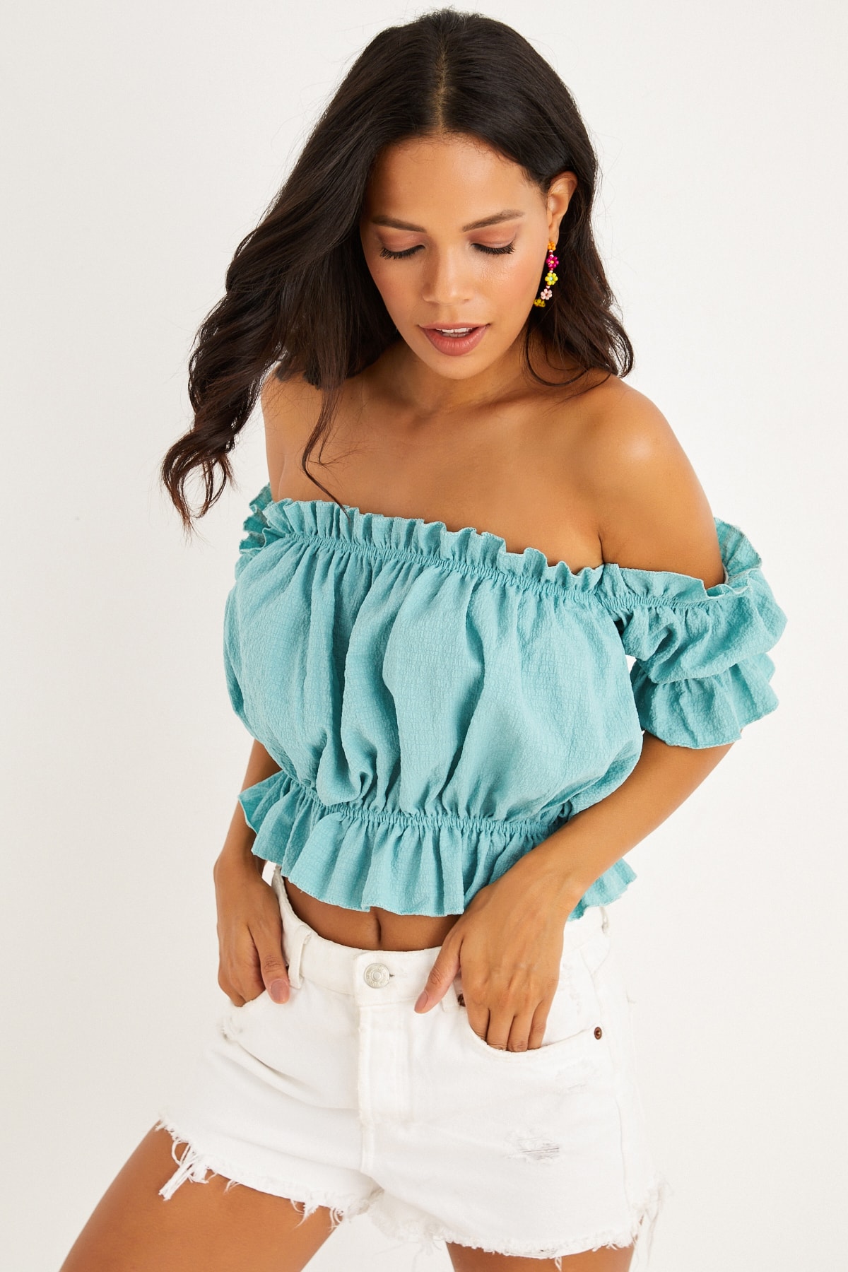 Cool & Sexy Women's Green Madonna Collar Gathered Crop Top