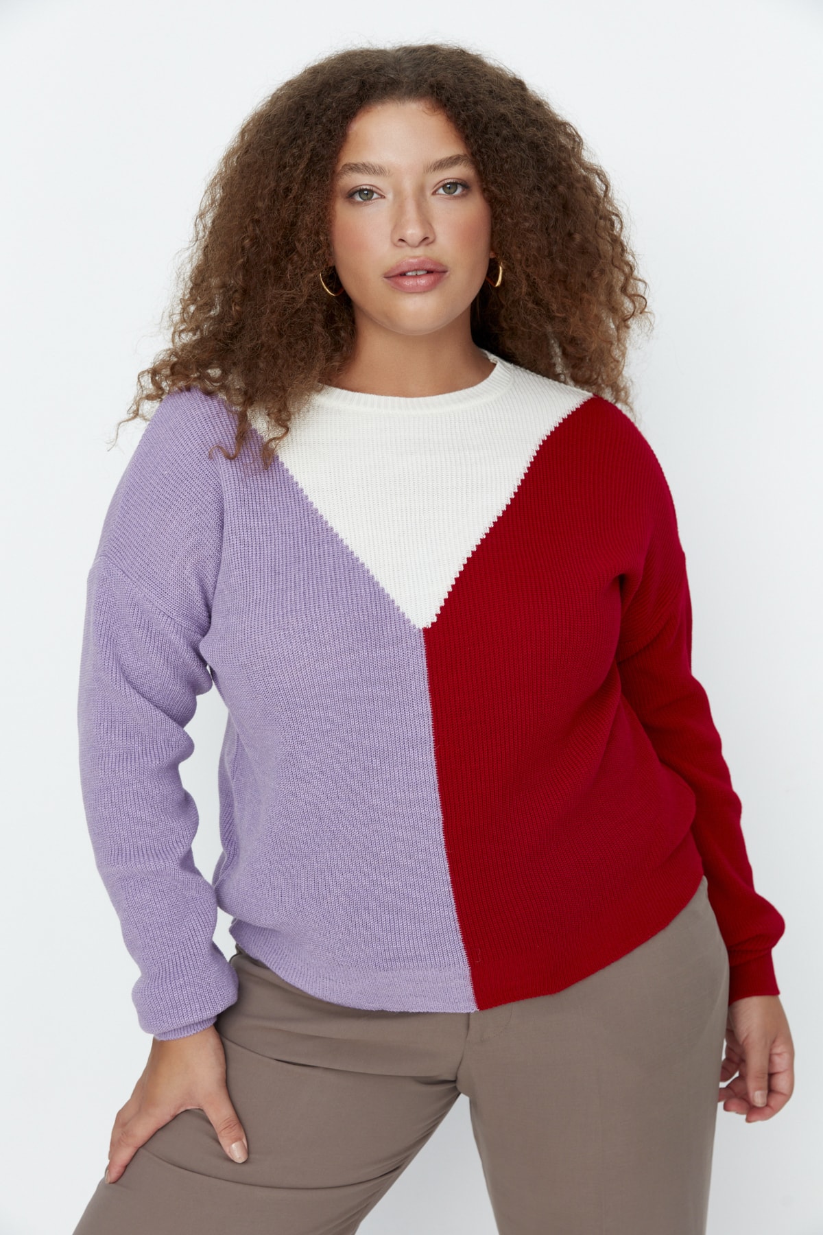 Trendyol Curve Ecru Color Block Crew Neck Knitwear Sweater