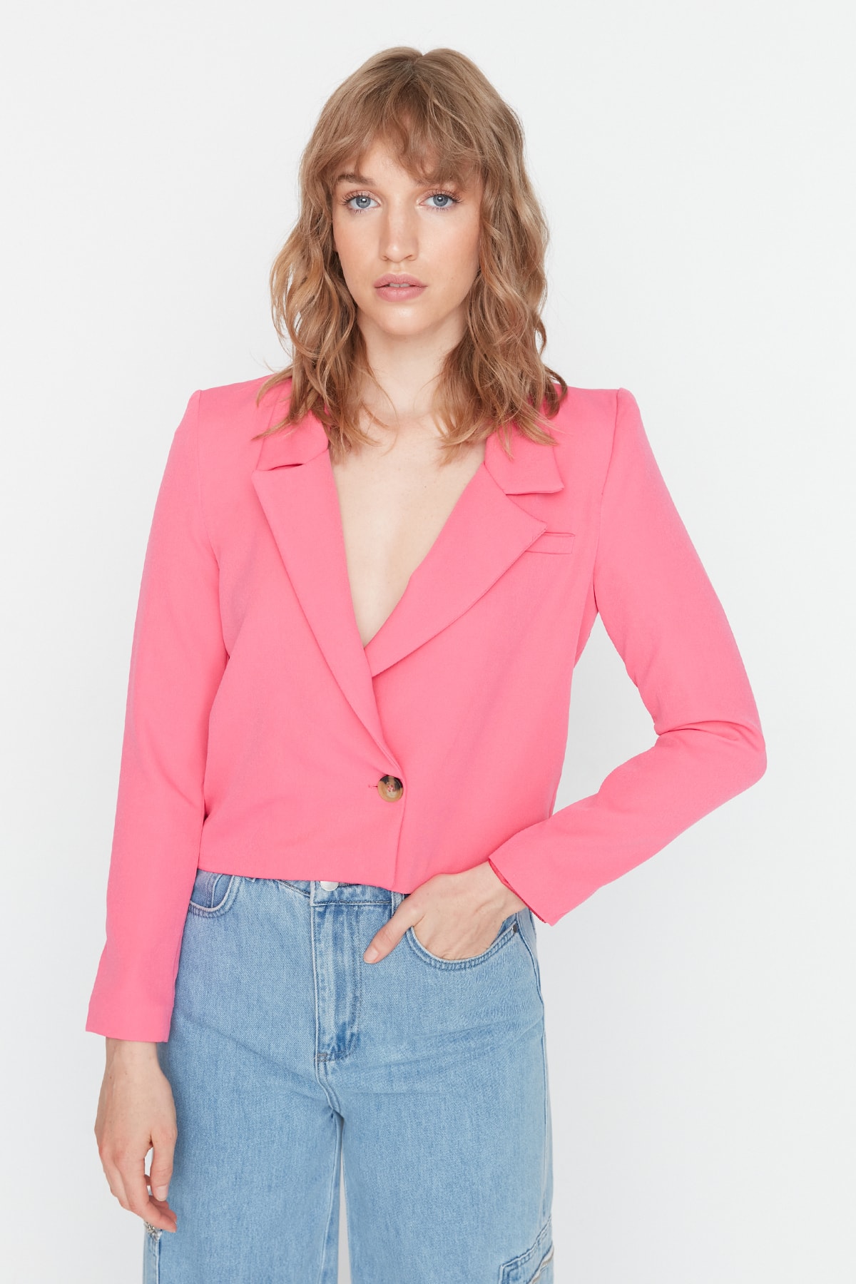 Trendyol Fuchsia Crop Blazer Jacket With Woven Lining