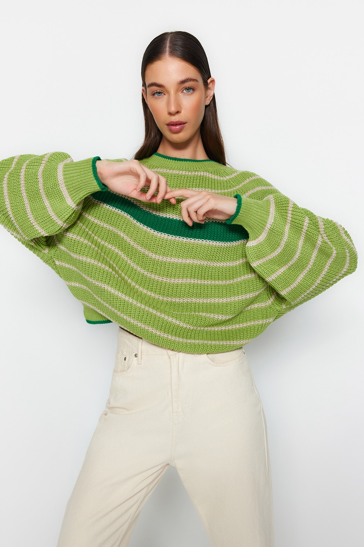 Trendyol fistic verde culoare bloc echipaj gât tricotaje pulover