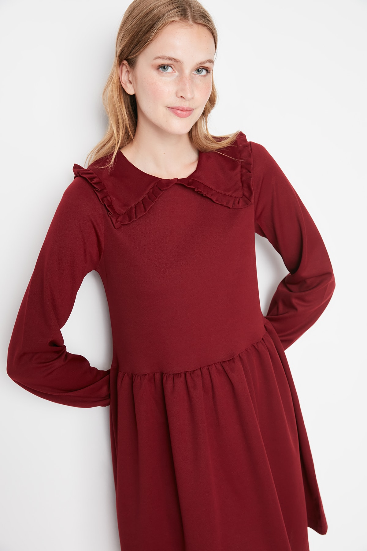 Trendyol Burgundy Baby Collar Knitted Dress