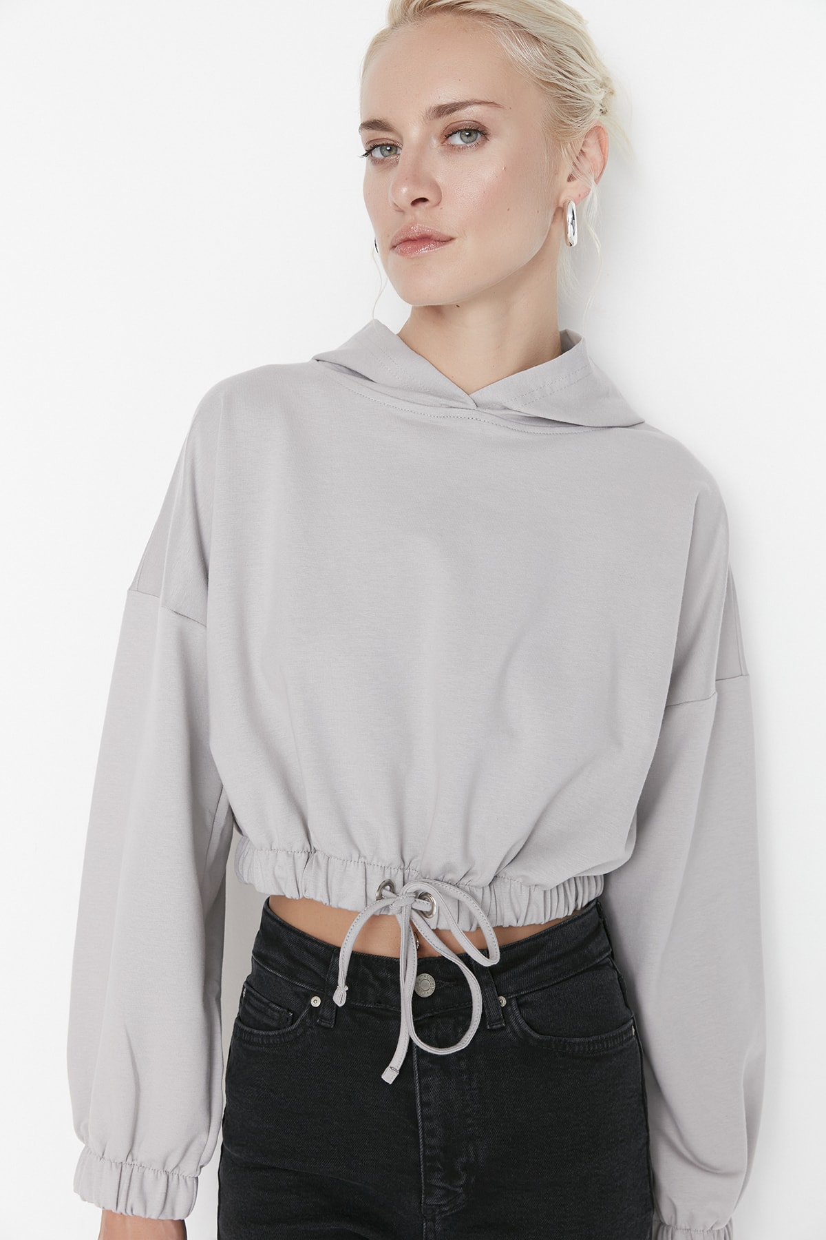 Trendyol Light Gray Eyelet Detailed Crop, Thin Knitted Sweatshirt