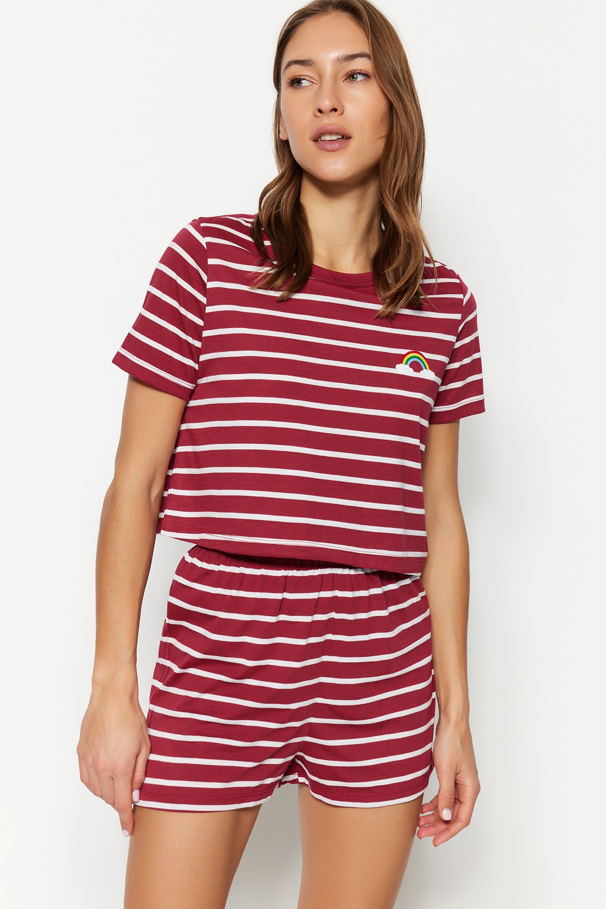 Trendyol Light Claret Red with Rainbow Print T-shirt-Shorts and Knitted ...