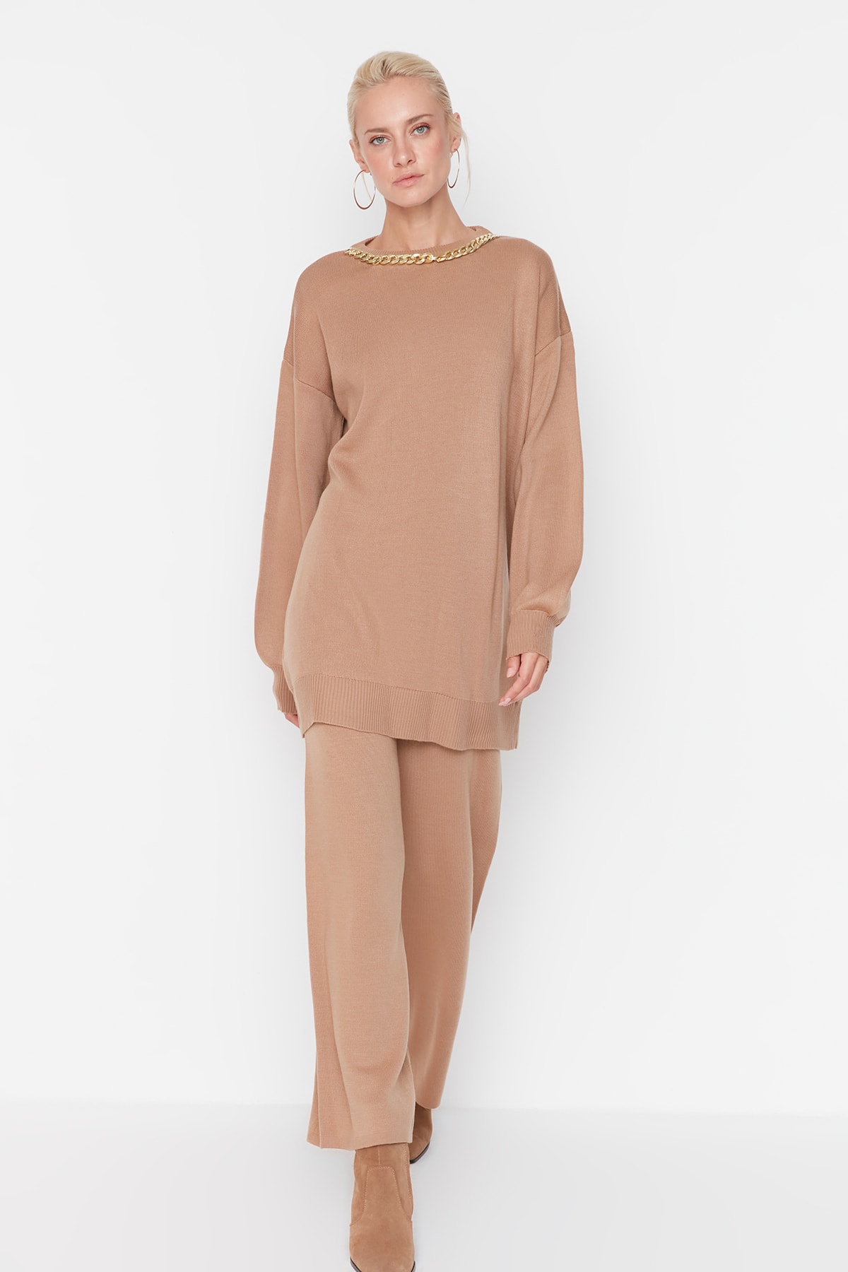 Trendyol Camel Collar Chain Necklace Sweater-Pants Knitwear Suit