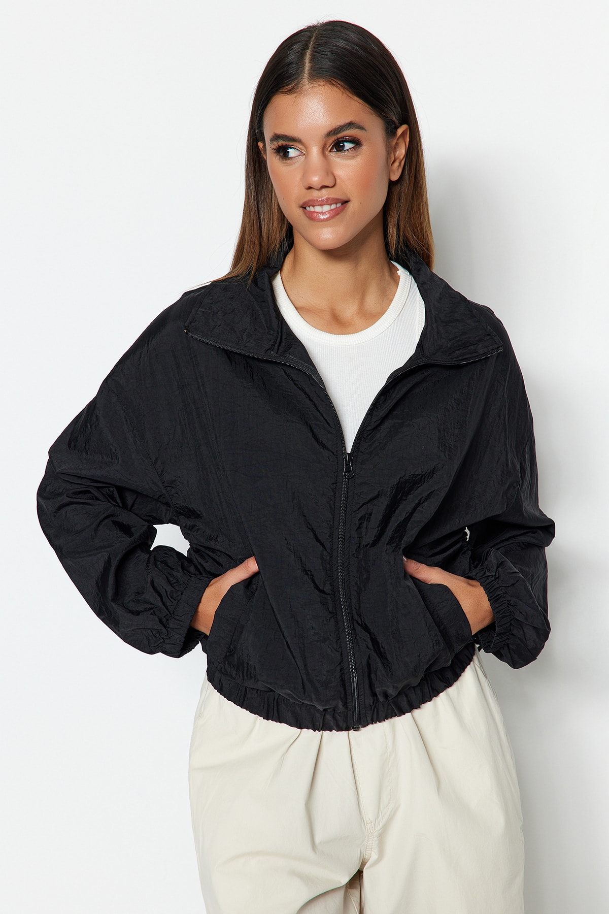 Trendyol Black Lightweight Shirred Jacket Coat