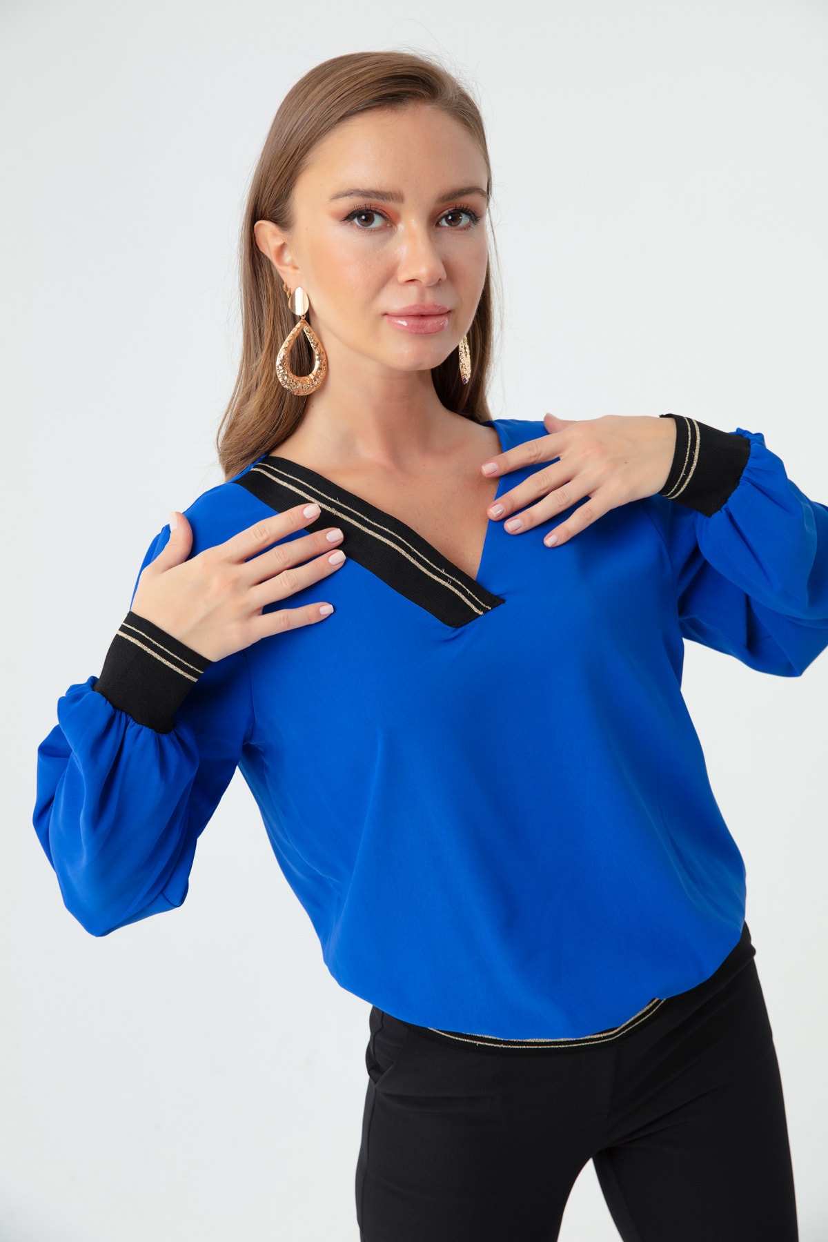 Lafaba Women's Saxe Blue Ribbed V-Neck Blouse