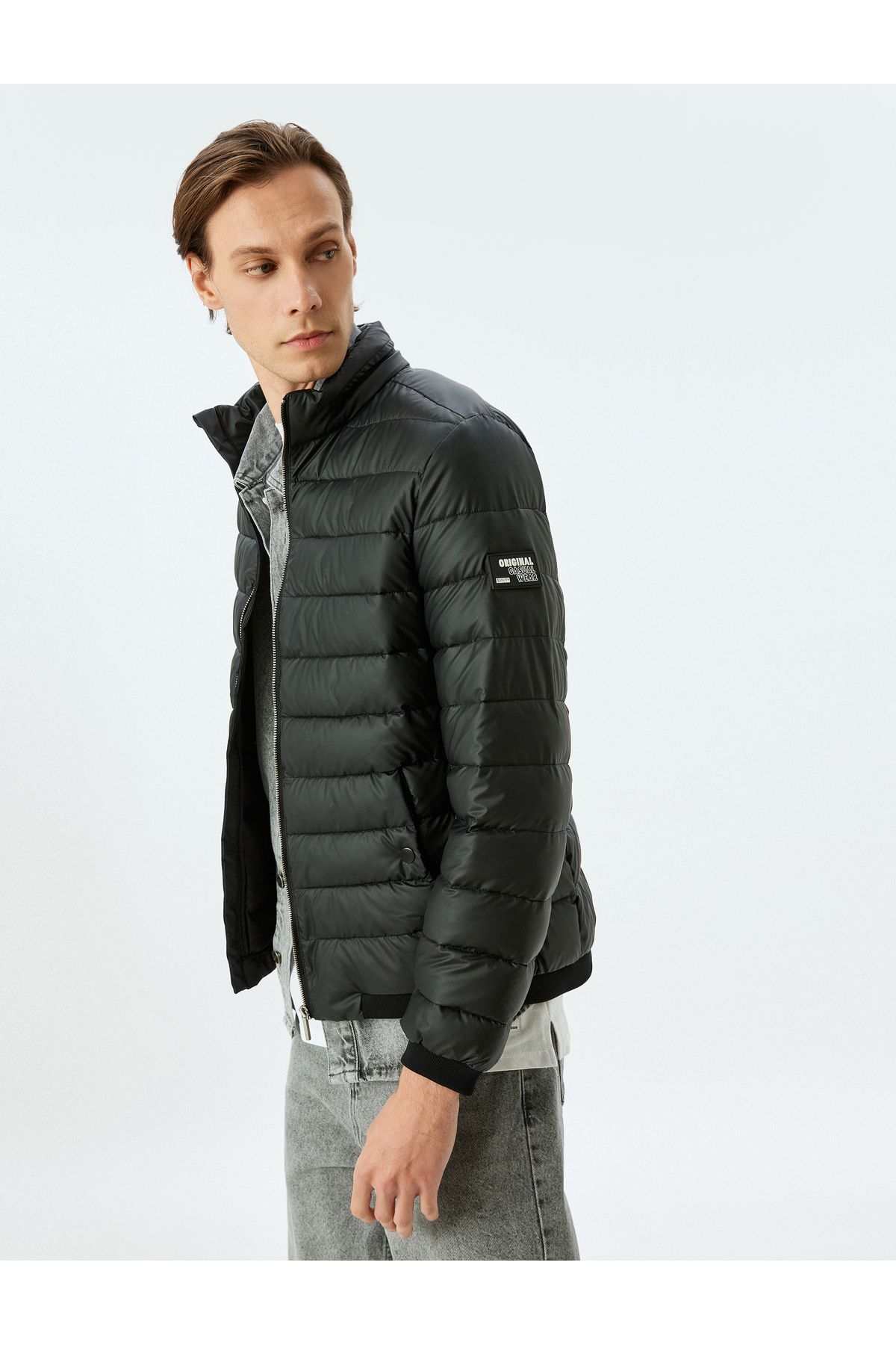 Koton Latex Fabric Slim Fit Puffer Jacket with Stand Collar Label Detail